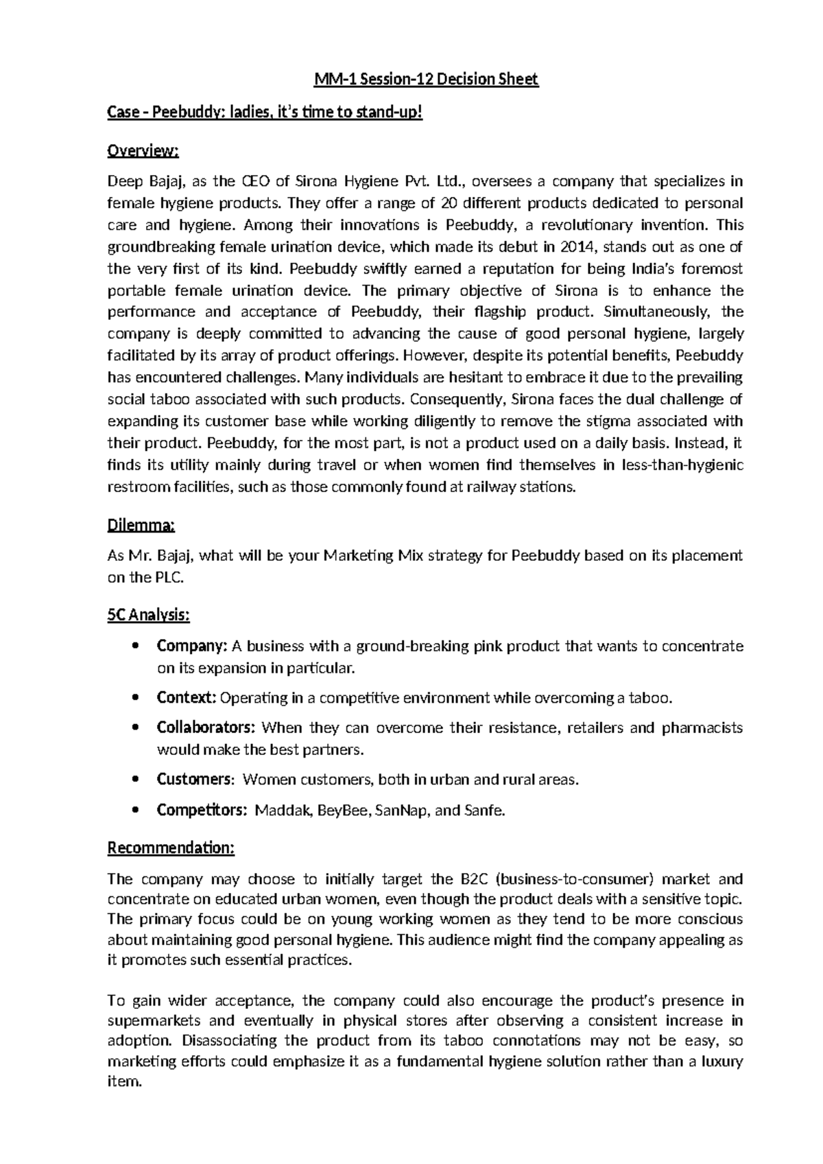 PGPx05.009 MM-1 Session-12 Peebuddy DS (by Deepesh Dixit) - MM-1 Session-12 Decision Sheet Case ...