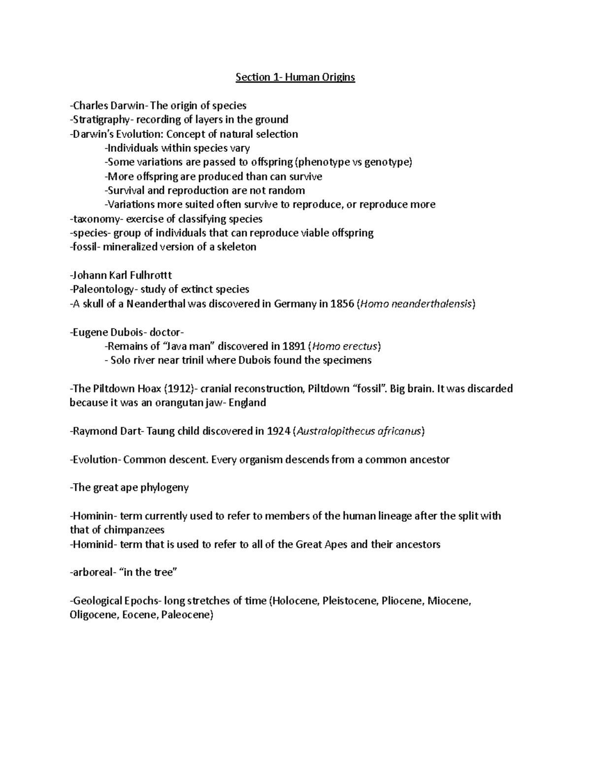 ANTH section 1 - Detailed notes from class - Section 1- Human Origins ...