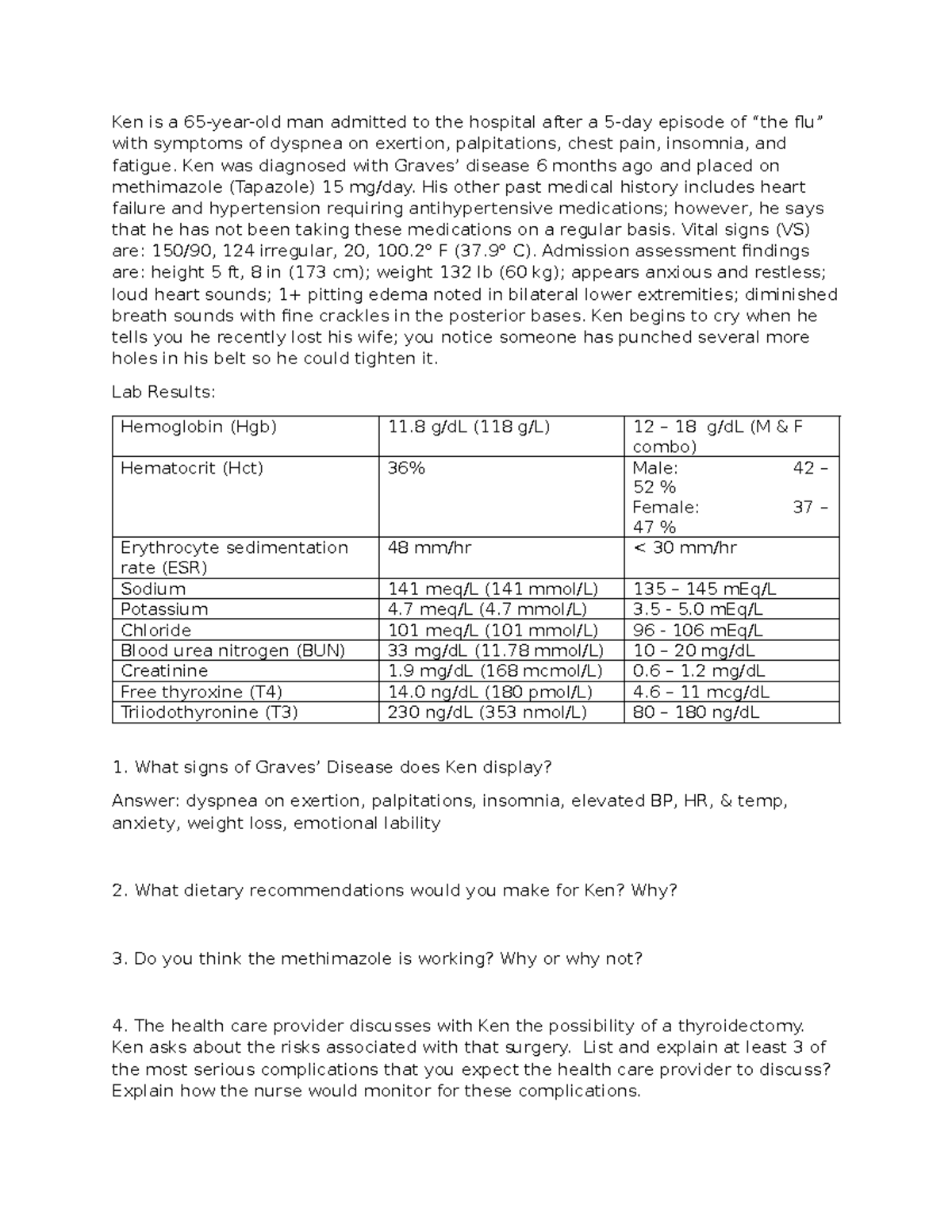 NUR 185 Week 7 Graves Disease Case Study Fall 2024 - Ken is a 65-year ...