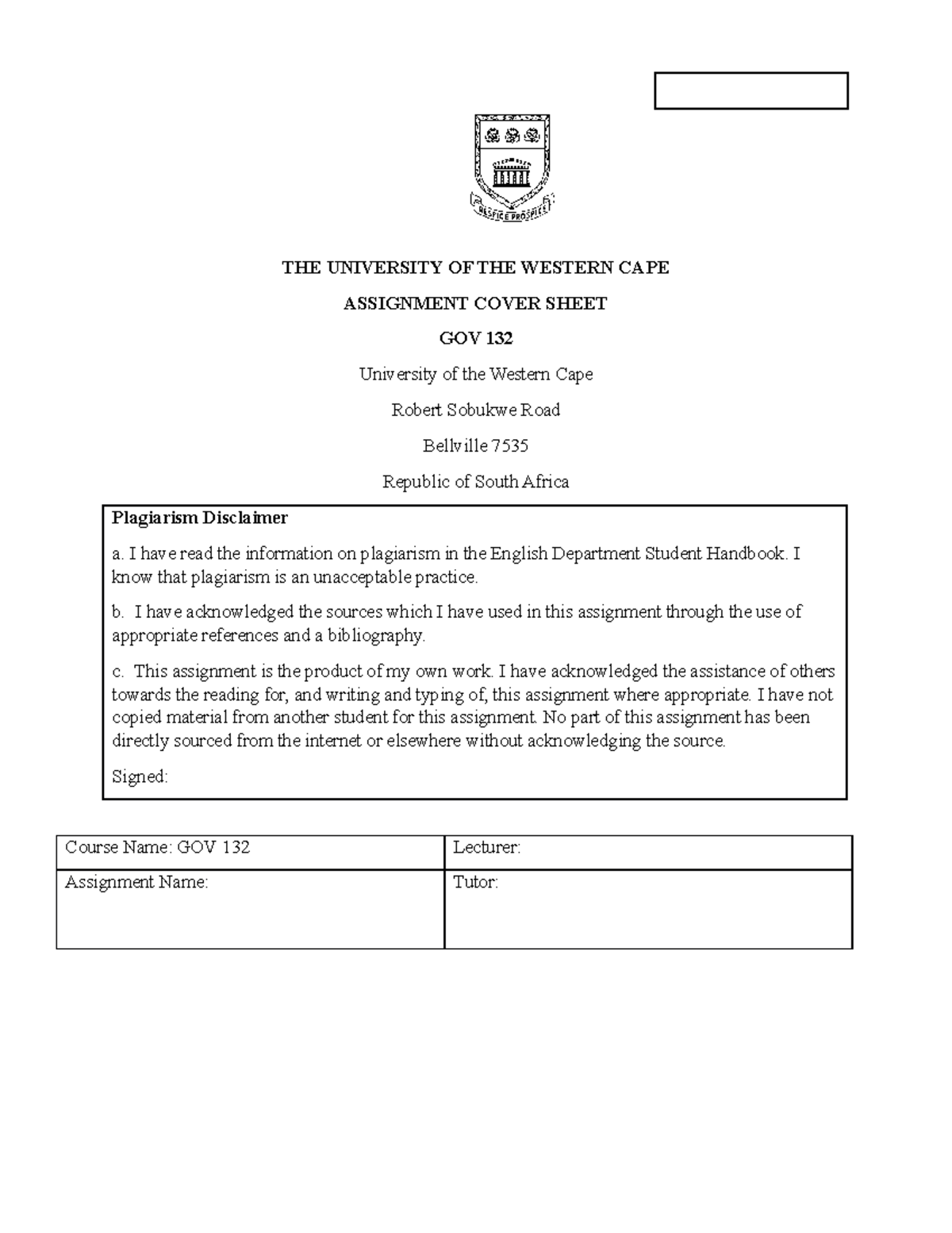 GOV 132 - Coalition Government - THE UNIVERSITY OF THE WESTERN CAPE ...