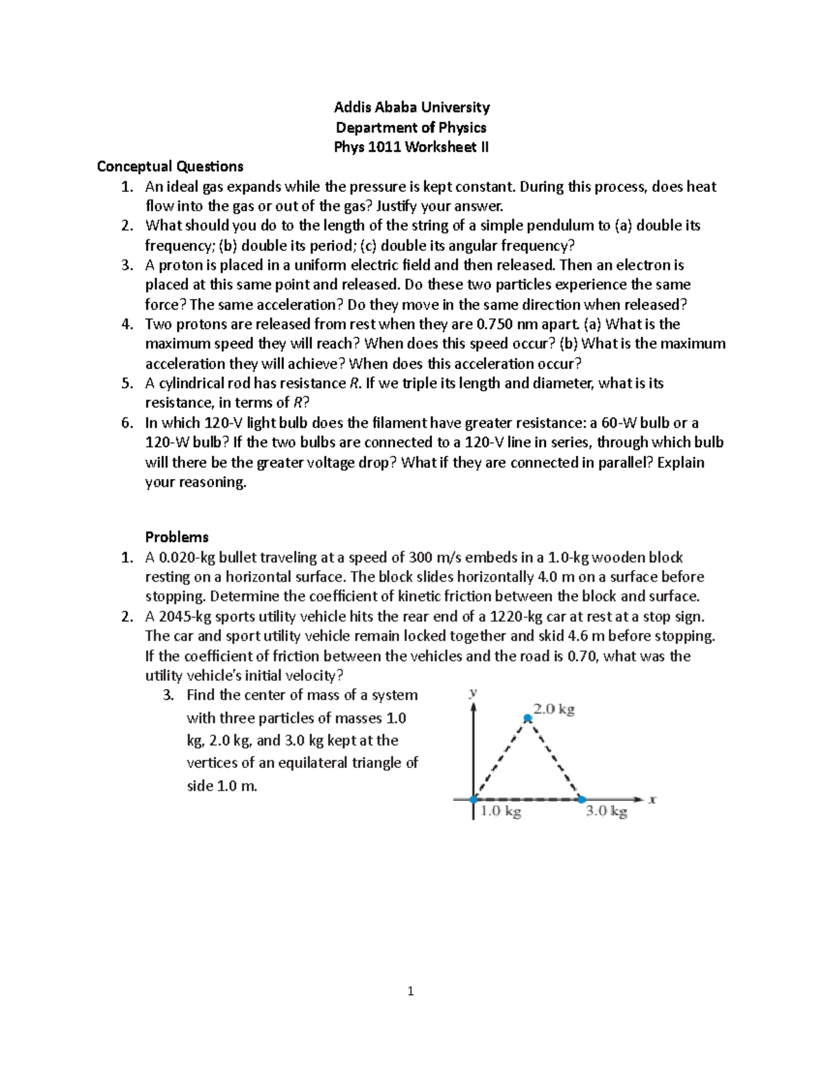 Phys 1011 Worksheet II 2015 - Addis Ababa University Department of ...