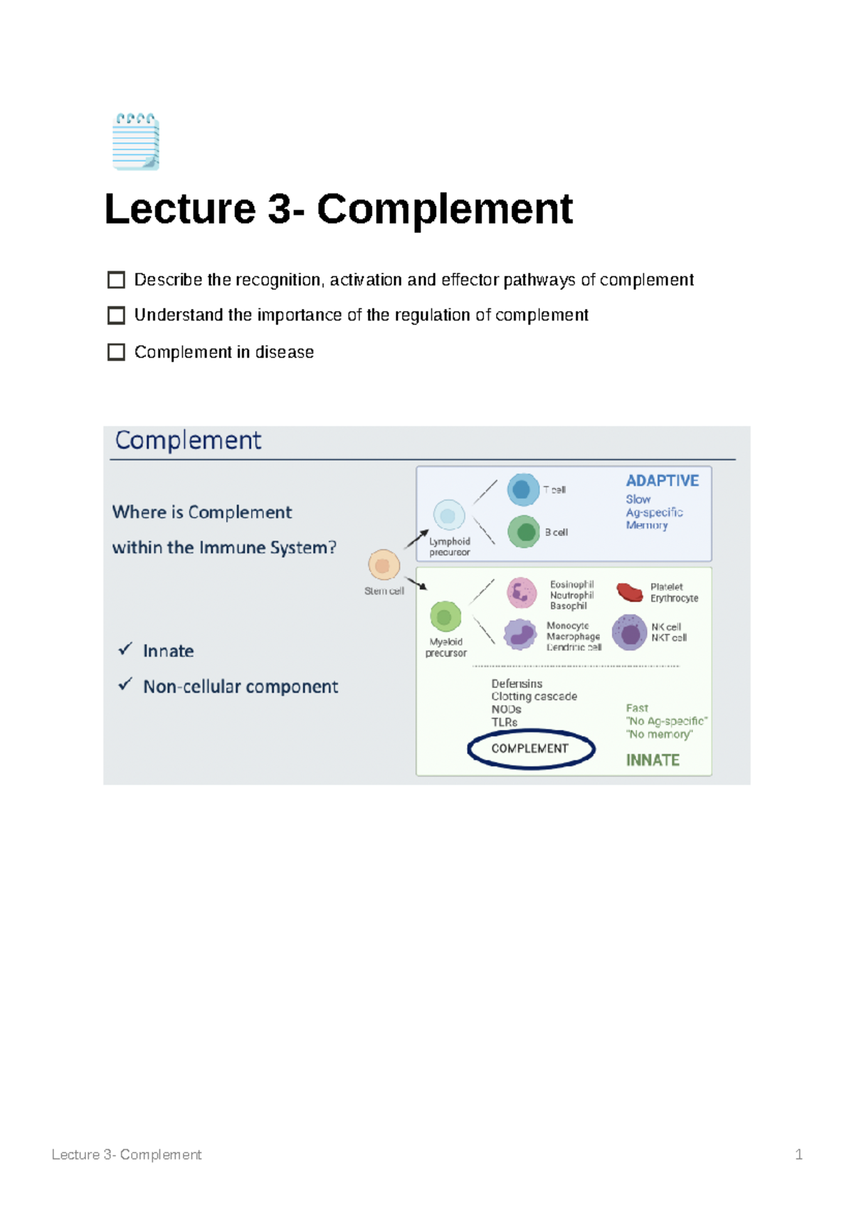 Immune system lecture 3 - 🗒 Lecture 3- Complement Describe the ...