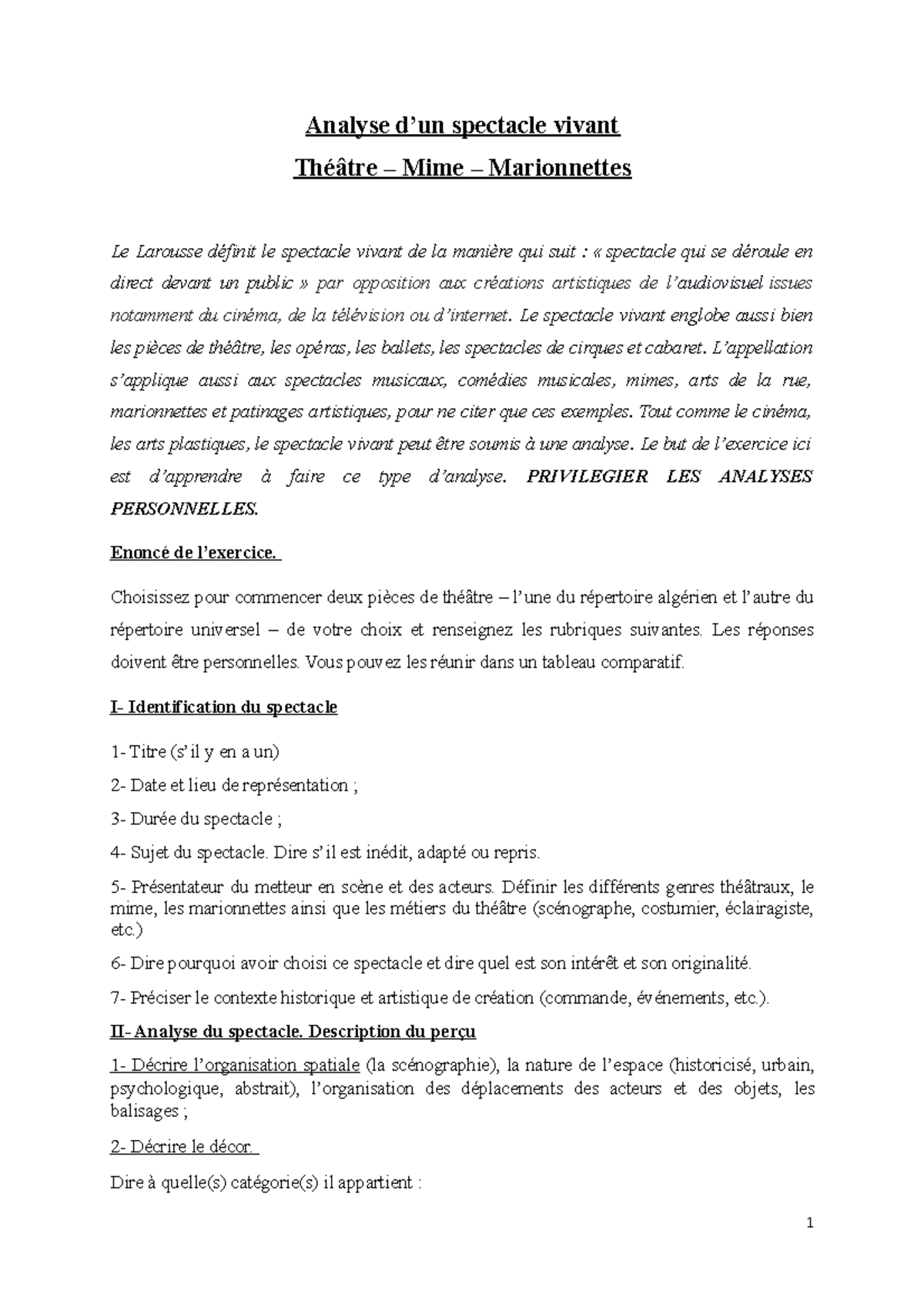 Analyse dun spectacle vivant M2 - Analyse d’un spectacle vivant Théâtre ...