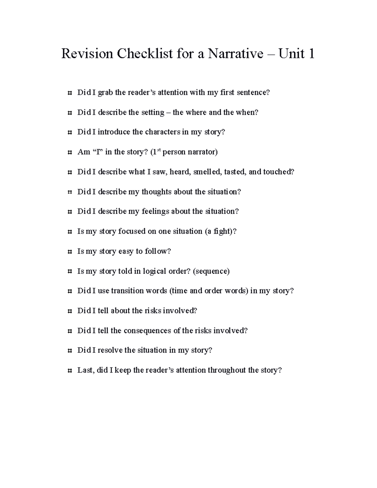 Revision Checklist for a Narrative - Studocu