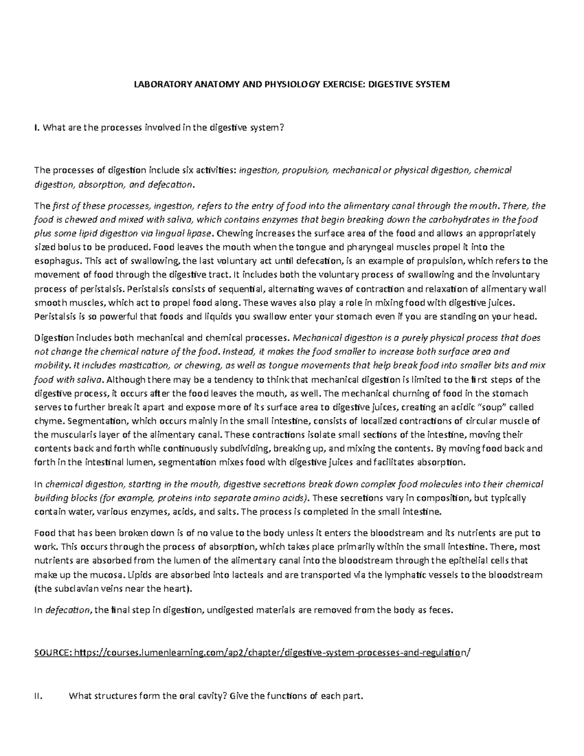 Digestive System - LABORATORY ANATOMY AND PHYSIOLOGY EXERCISE ...