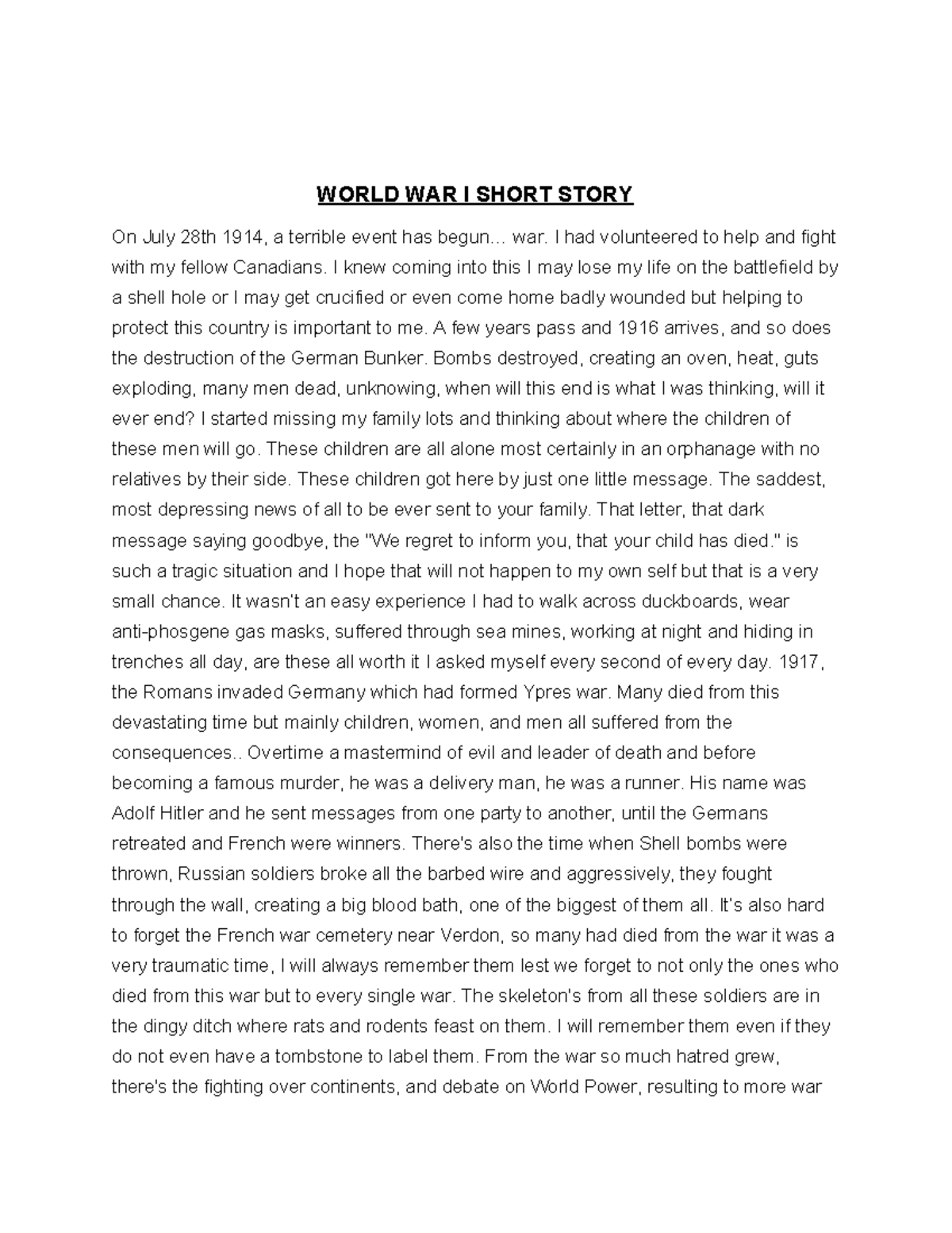 World War I Prose - WORLD WAR I SHORT STORY On July 28th 1914, a ...