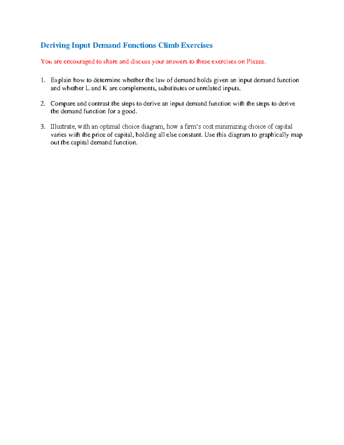 Deriving Input Demand Functions Climb Exercises Deriving Input Demand