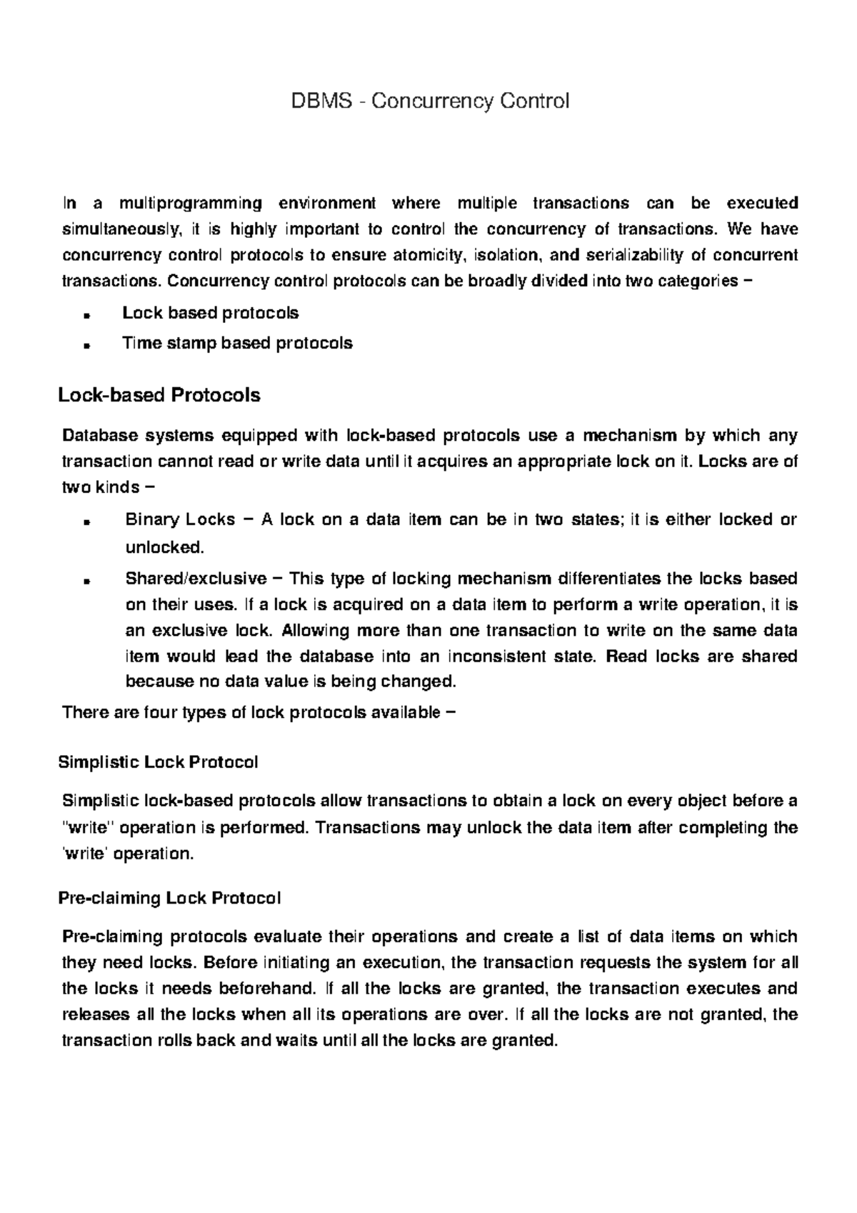 DBMS - Concurrency Control - We have concurrency control protocols to ...