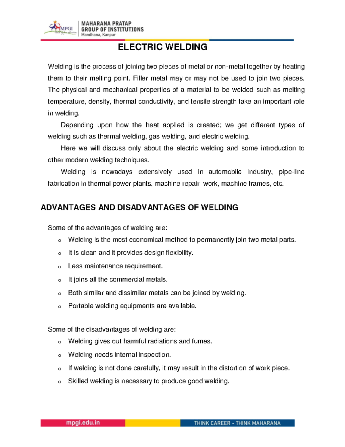 Electric Welding I - NICE - ELECTRIC WELDING Welding is the process of ...