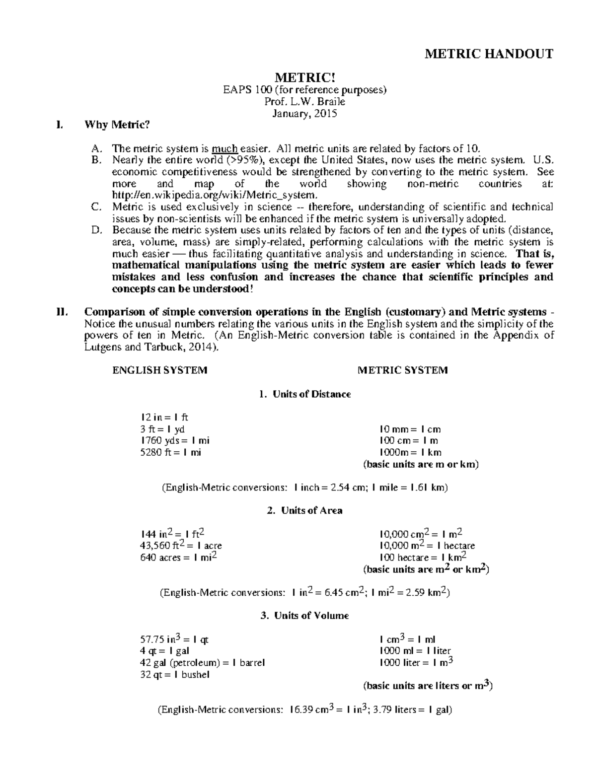 Metric sytem of unitis ni - METRIC HANDOUT METRIC! EAPS 100 (for ...