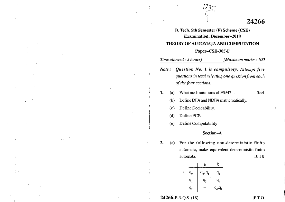 Btech cse 5 sem theory of automata and computation 24266 dec 2018 - B.tech - Studocu
