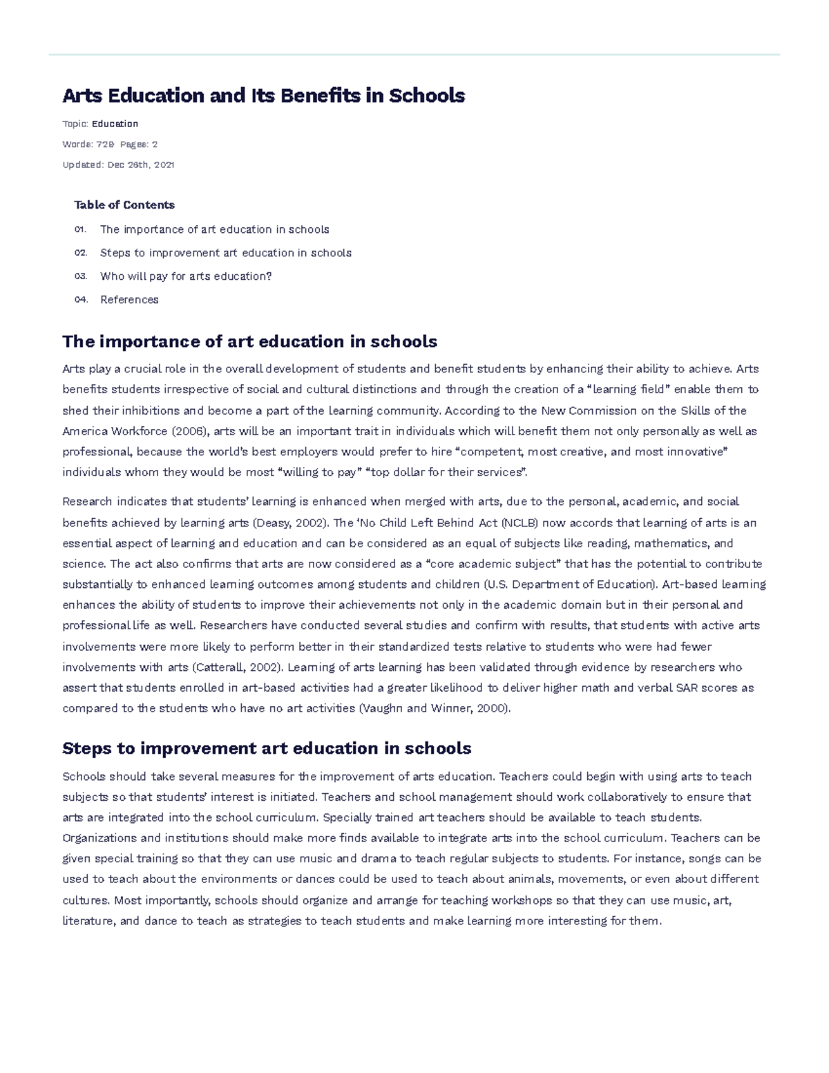Arts Education and Its Benefits in Schools Free Essay Example - Arts ...
