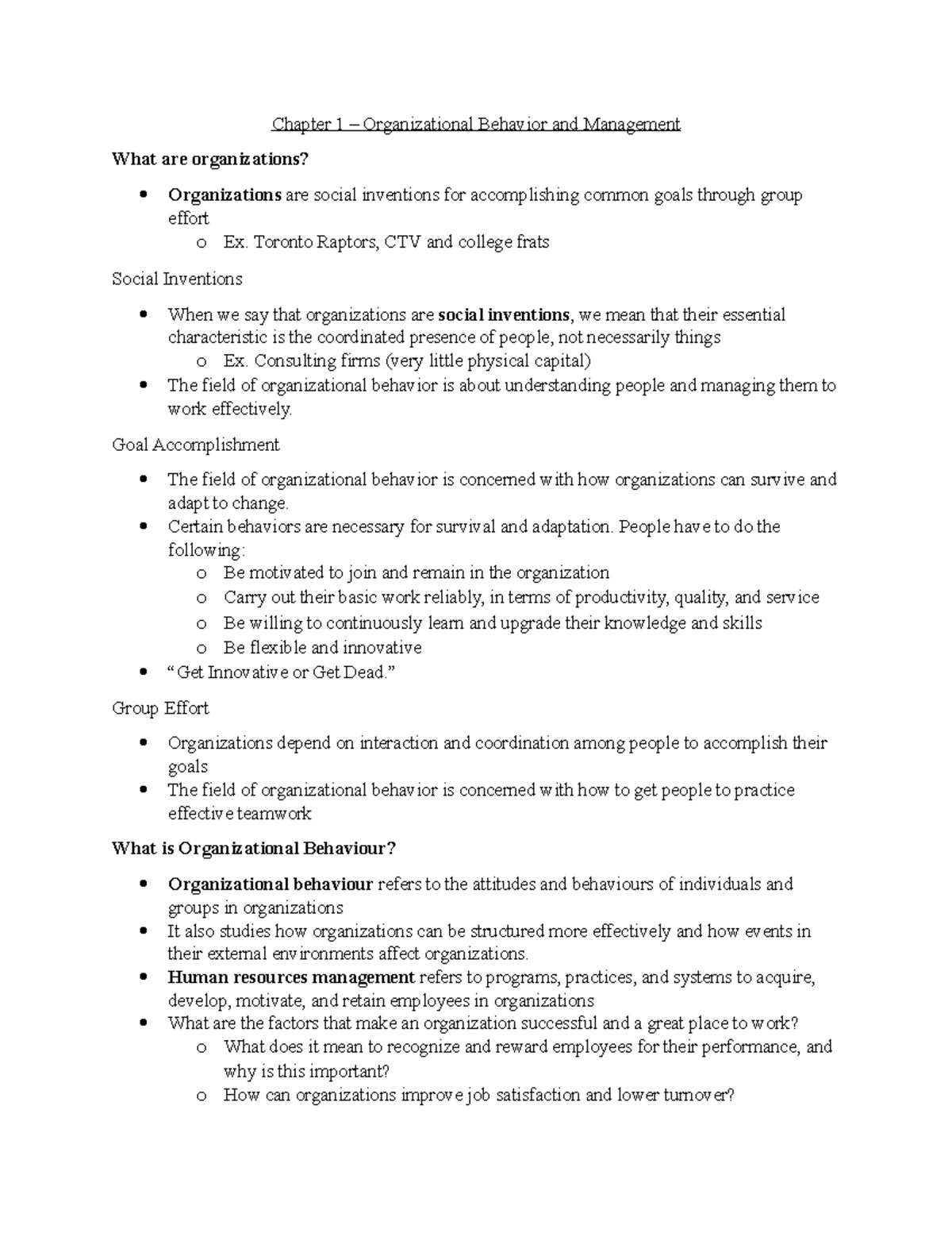 Lecture 1 notes - Chapter 1 – Organizational Behavior and Management ...