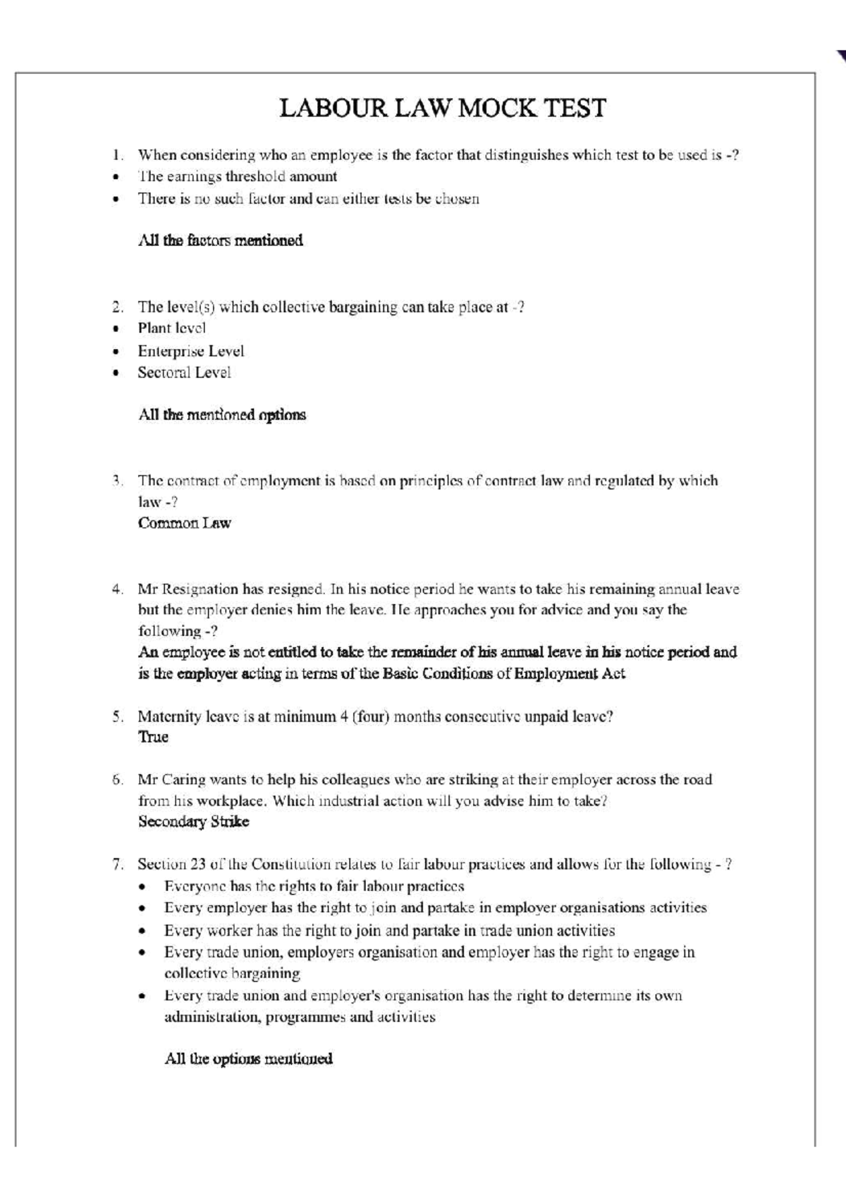 Labour law practice questions -2 - LABOUR LAW MOCK TEST 1. When ...