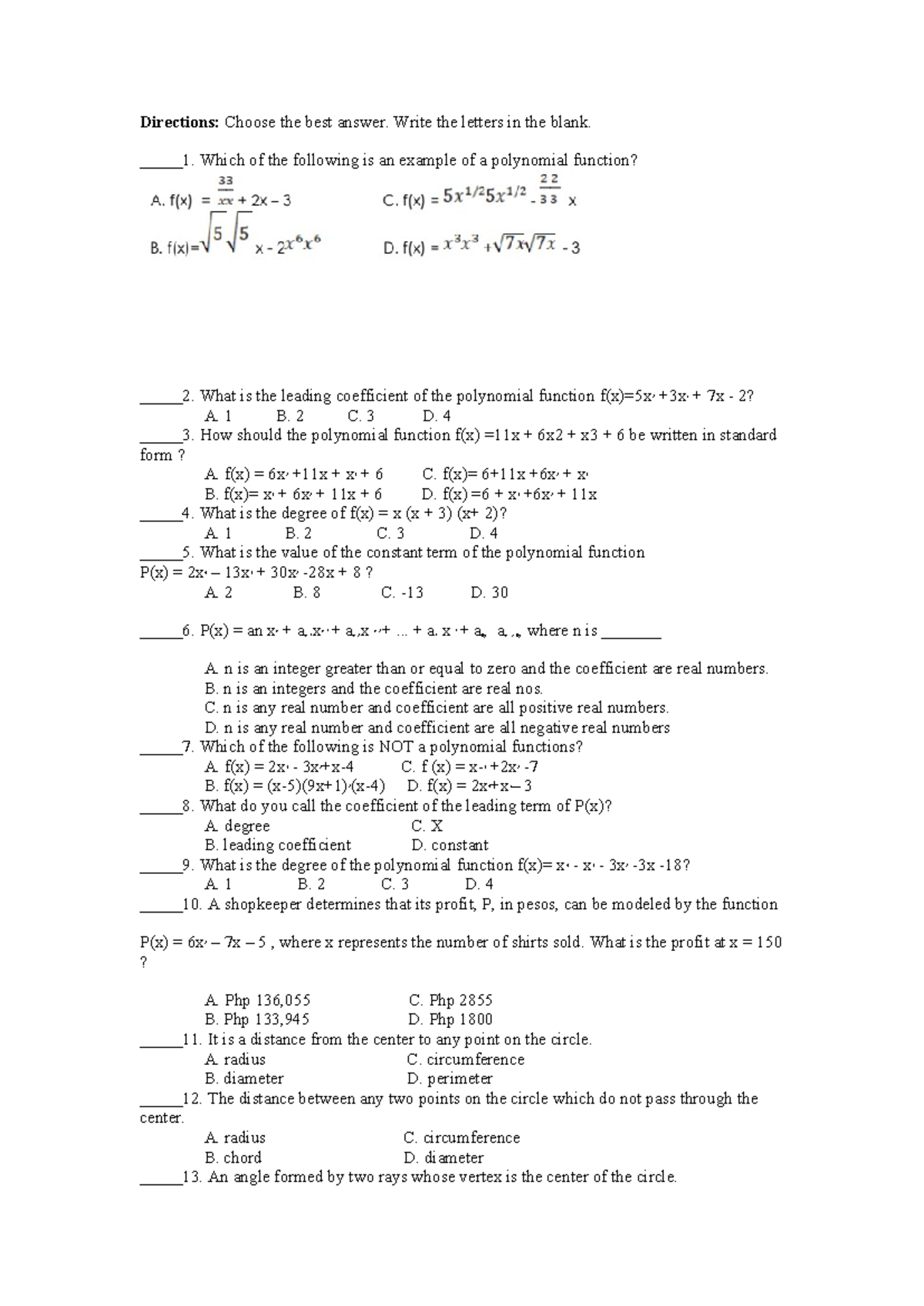 Nat math reviewer - Directions: Choose the best answer. Write the ...