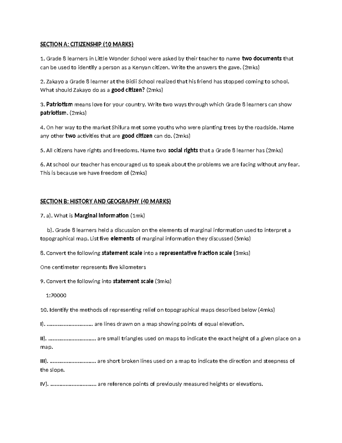 SST Grade 8 EXAM - exam - SECTION A: CITIZENSHIP (10 MARKS) Grade 8 ...