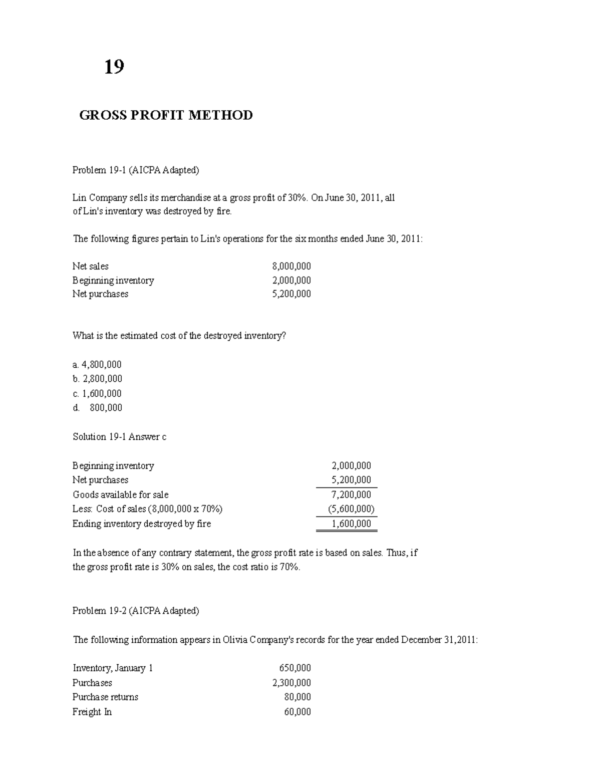 Gross Profit Method - ( 19 ) GROSS PROFIT METHOD Problem 19-1 (AICPA ...