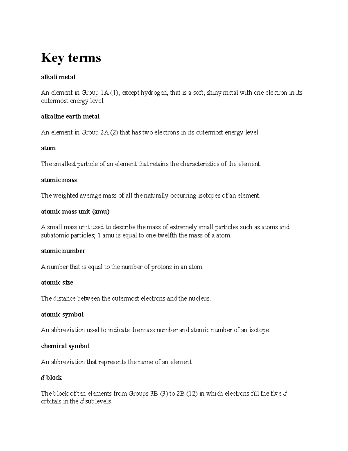 chemistry ch4 key terms - Key terms alkali metal An element in Group 1A (1), except hydrogen ...