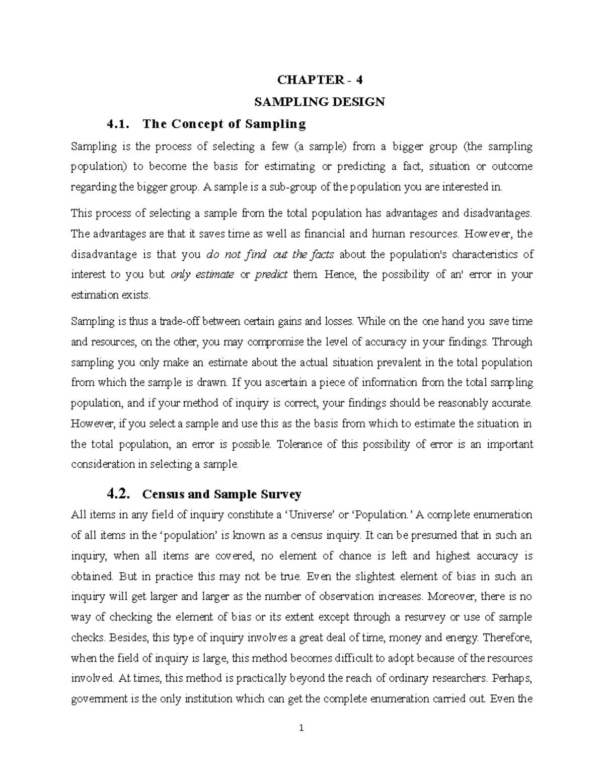 Chapter - 4 - Ibrahim Jimalle - CHAPTER - 4 SAMPLING DESIGN 4. The ...
