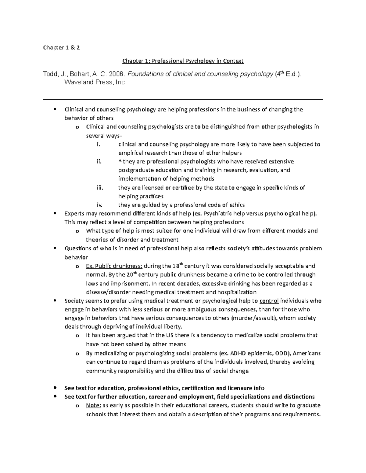 PSY 445- Ch. 1 + 2 notes - Chapter 1: Professional psychology in ...