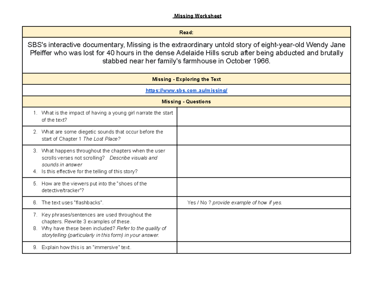 English Work - Jasper jones work study - Missing Worksheet Read: SBS's ...
