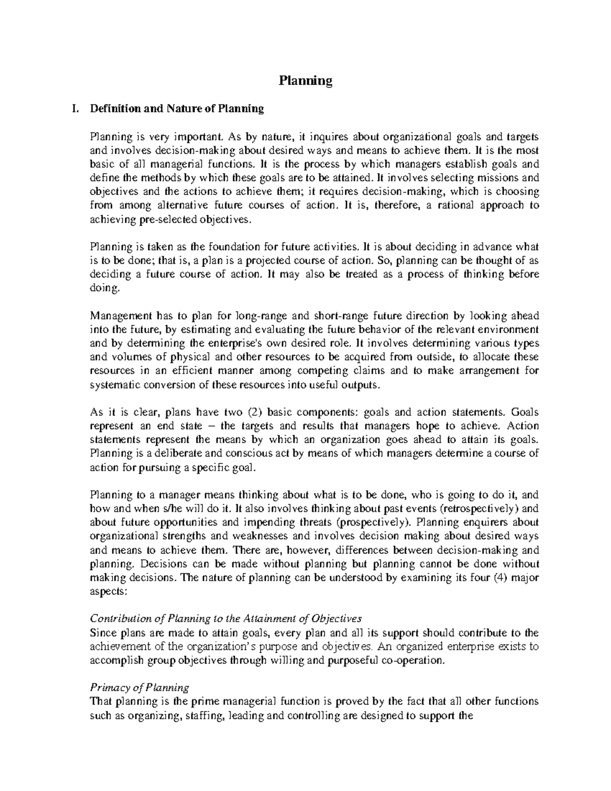 Planning - Lecture notes 5 - Planning I. Definition and Nature of ...