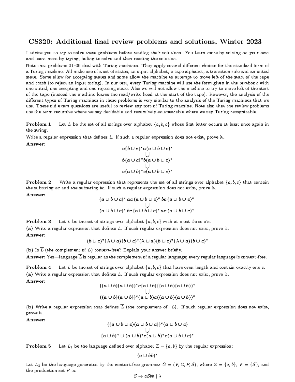Csci320 Final Exam - CS320: Additional final review problems and solutions, Winter 2023 I advise ...