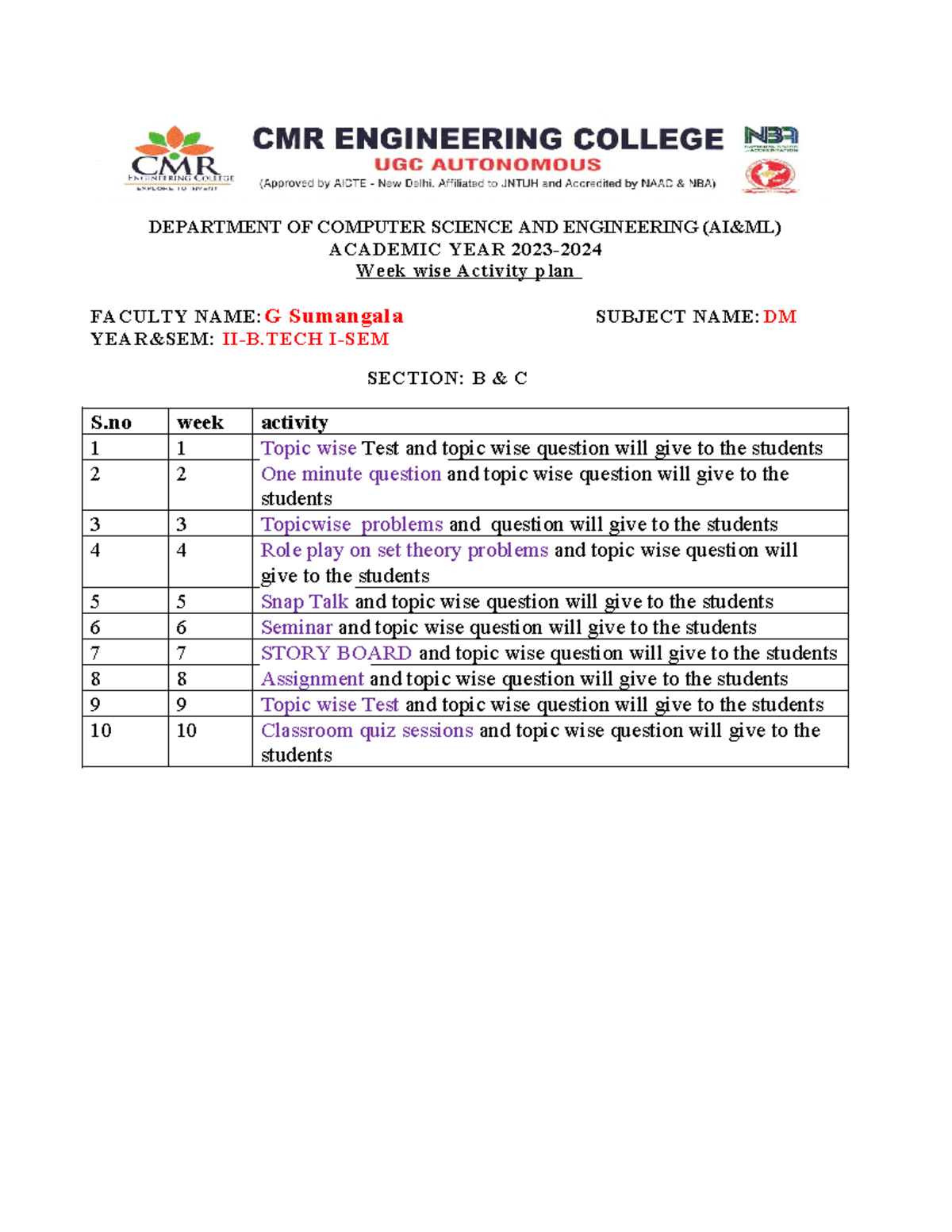 Week wise activity plan 1 - DEPARTMENT OF COMPUTER SCIENCE AND ...