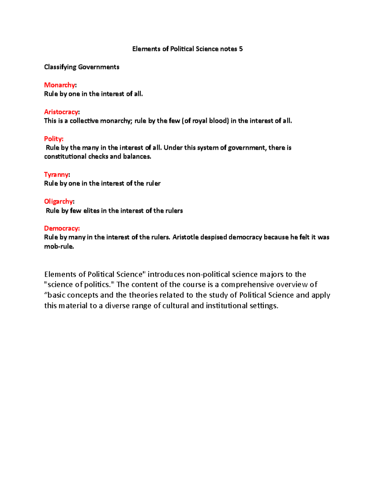 Elements of Political Science notes 5 - Aristocracy: This is a ...