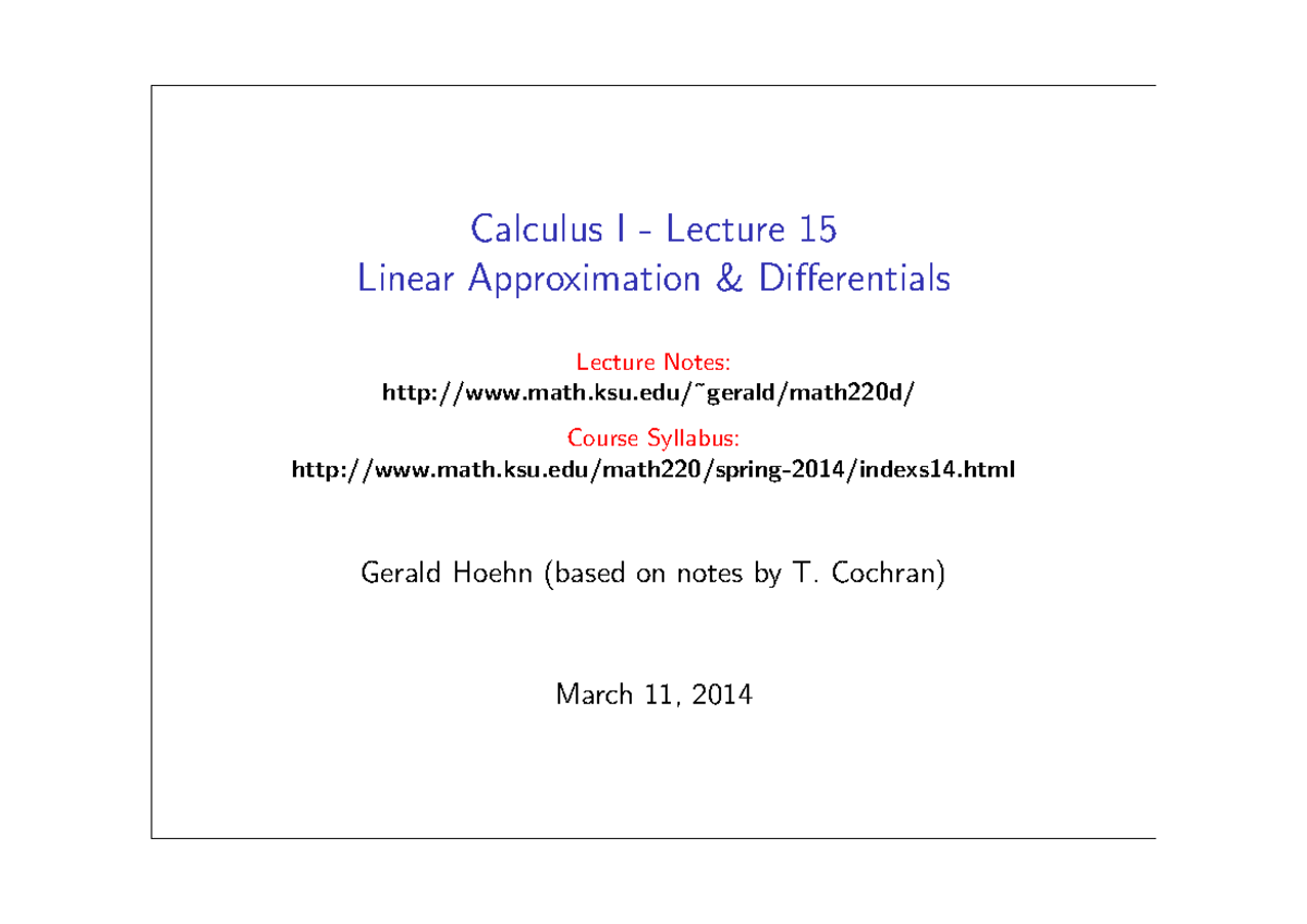 Chapter 3 Lesson 5 On Linearization And Approximations As Well As 