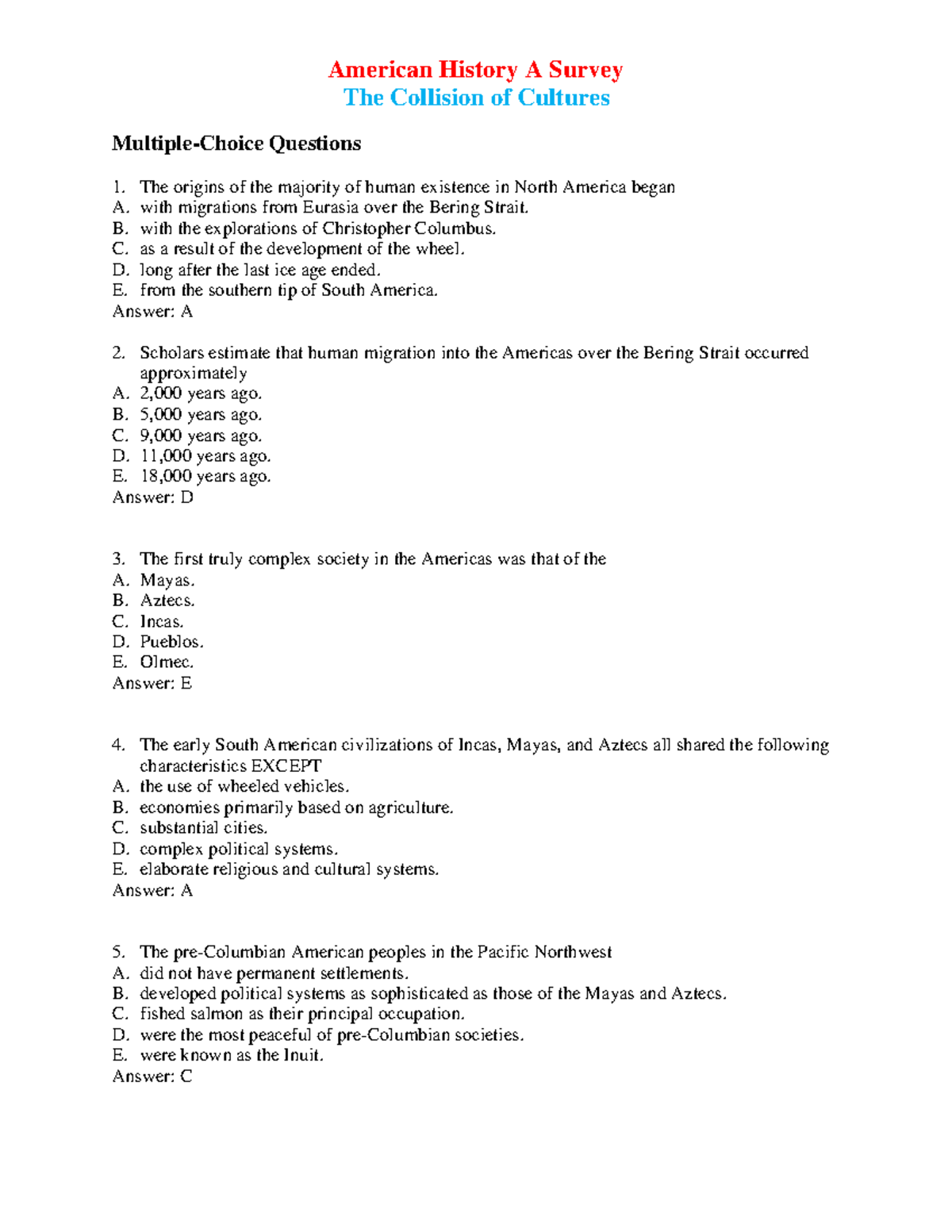 American History A Survey The Collision of Cultures - American History ...