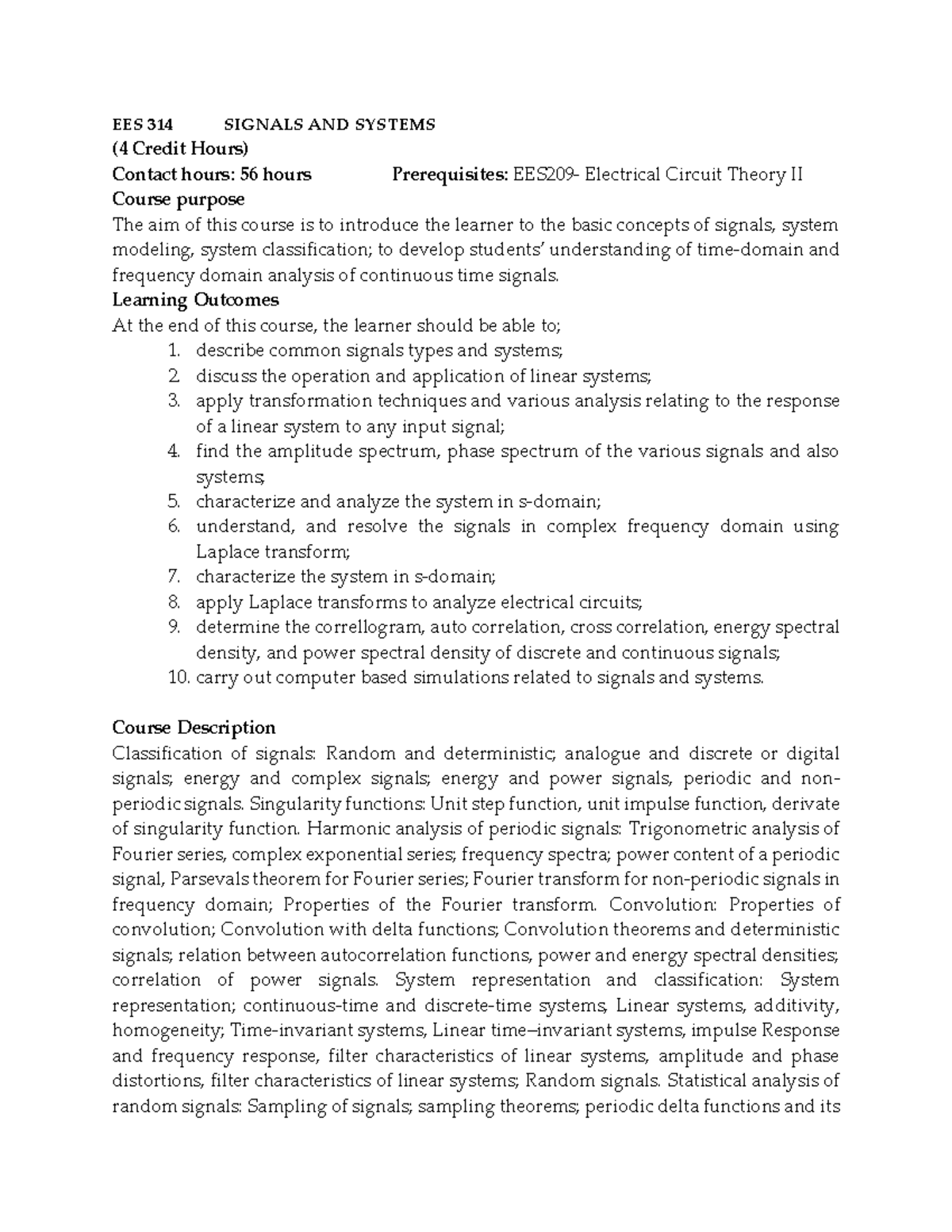 EES 314 Signals AND Systems Lecture Notes - EES 314 SIGNALS AND SYSTEMS ...