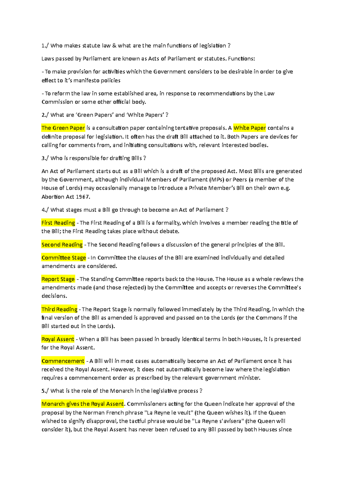 ELS seminar 6 - 1./ Who makes statute law &amp; what are the main ...