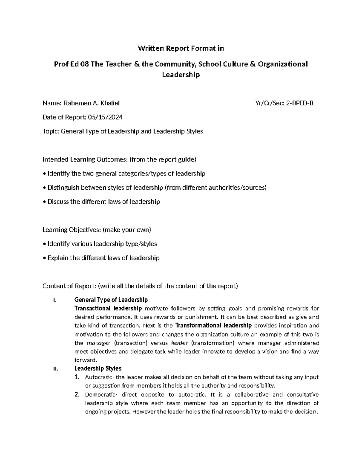 Khaliel- Written Report - Written Report Format in Prof Ed 08 The ...