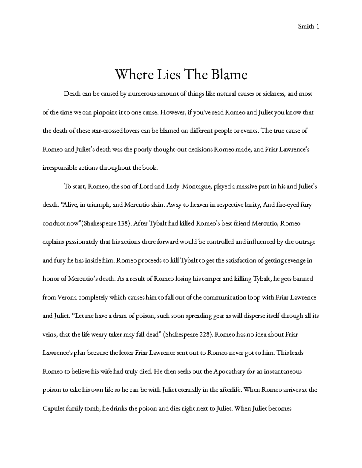 Where lies the blam romeo and juliet essay - Smith 1 Where Lies The ...