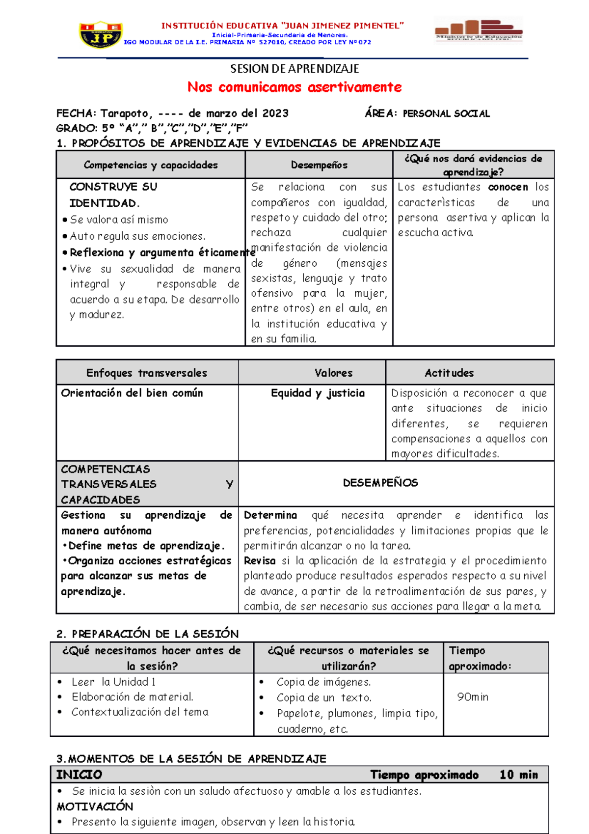 5° P.S NOS Comunicamos Asertivamente - CÓDIGO MODULAR DE LA I. PRIMARIA ...