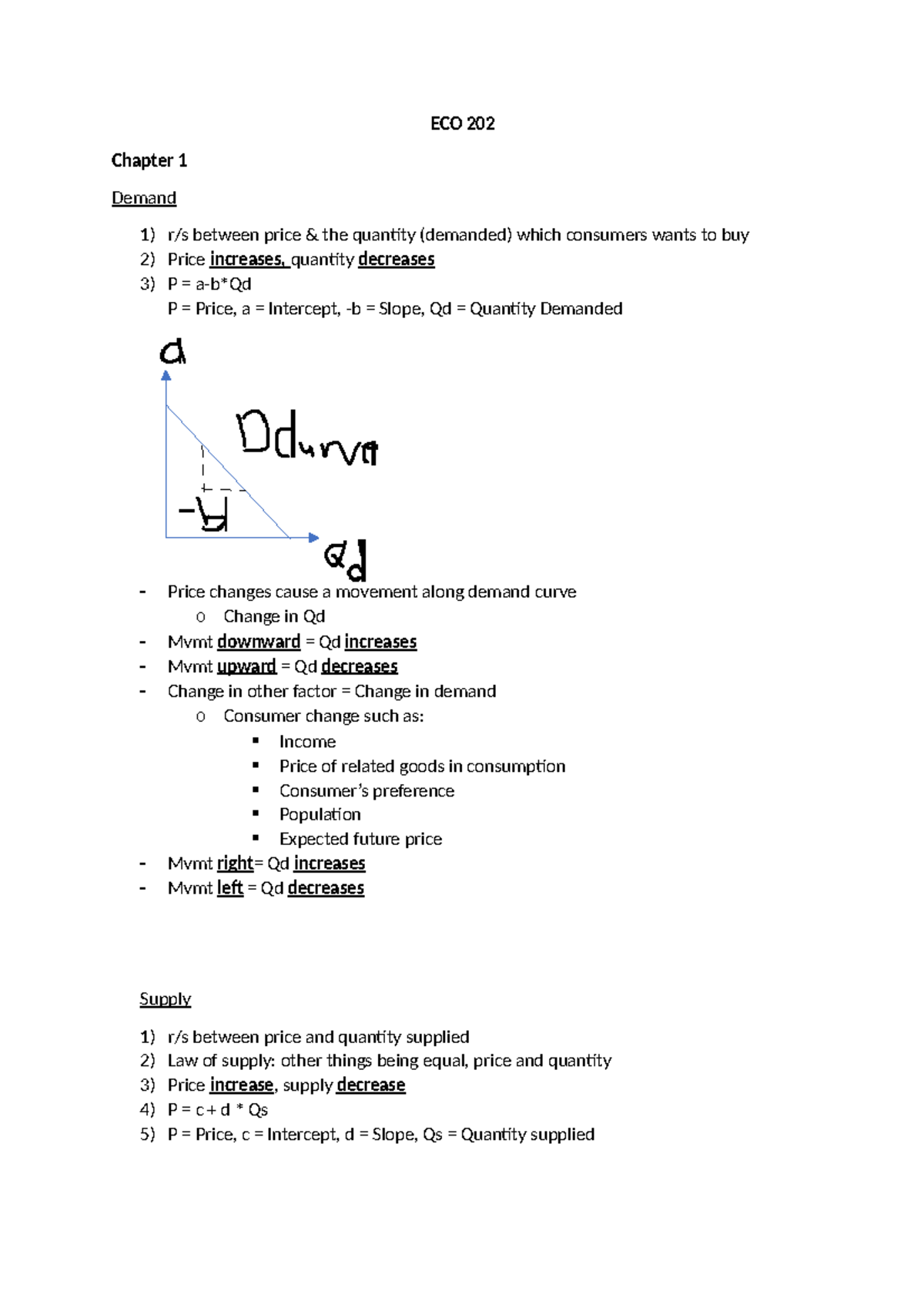 ECO 202 notes - ECO 202 Chapter 1 Demand r/s between price & the ...