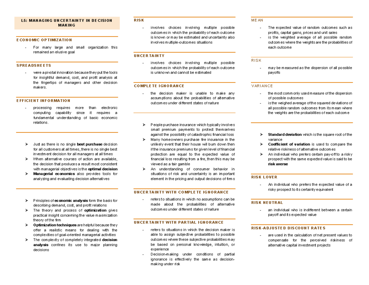 Mn Ecn-Notes-Finals - n/a - L5: MANAGING UNCERT AINTY IN DECI SION ...