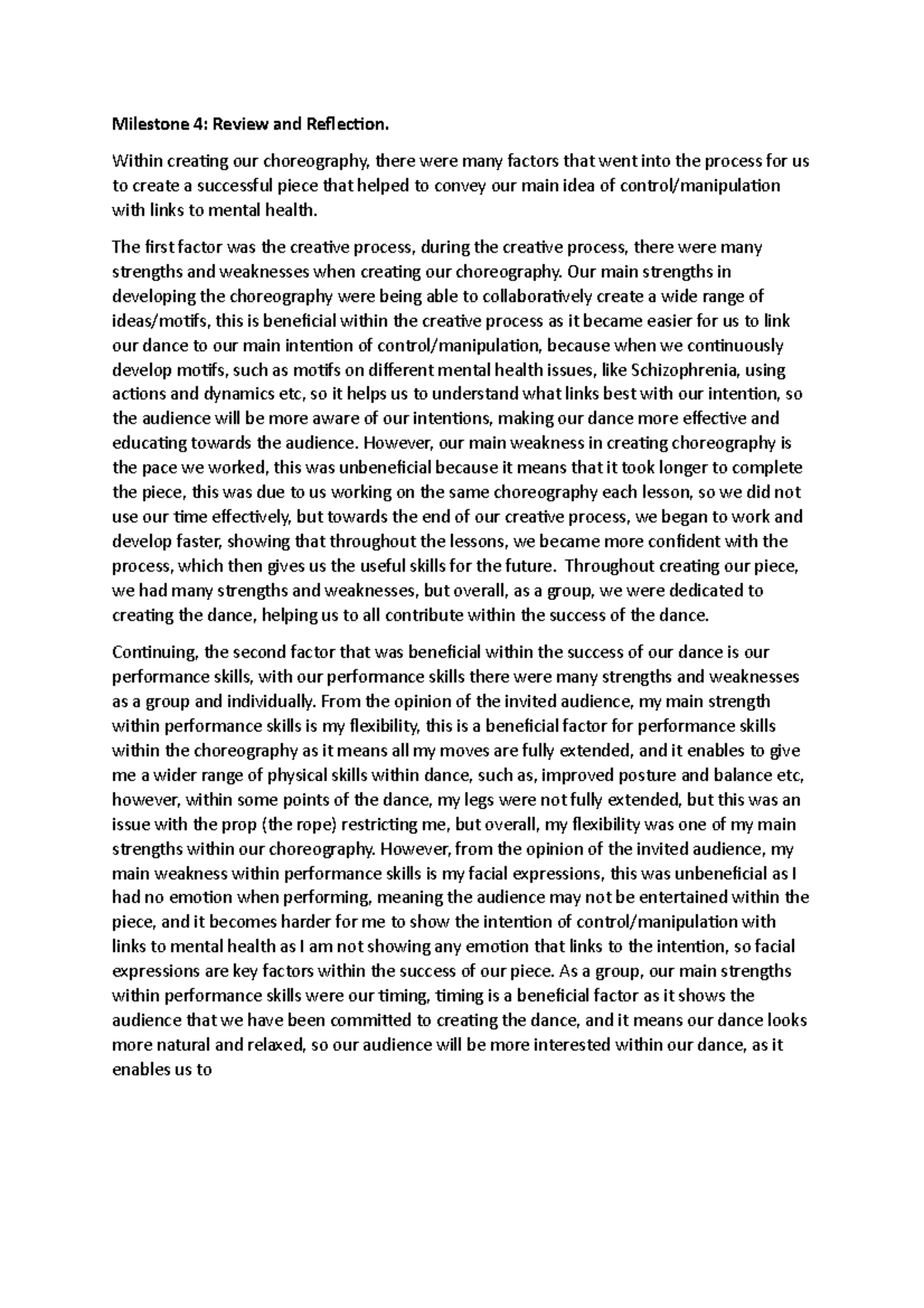 Milestone 4- Review and Reflection - Within creating our choreography ...