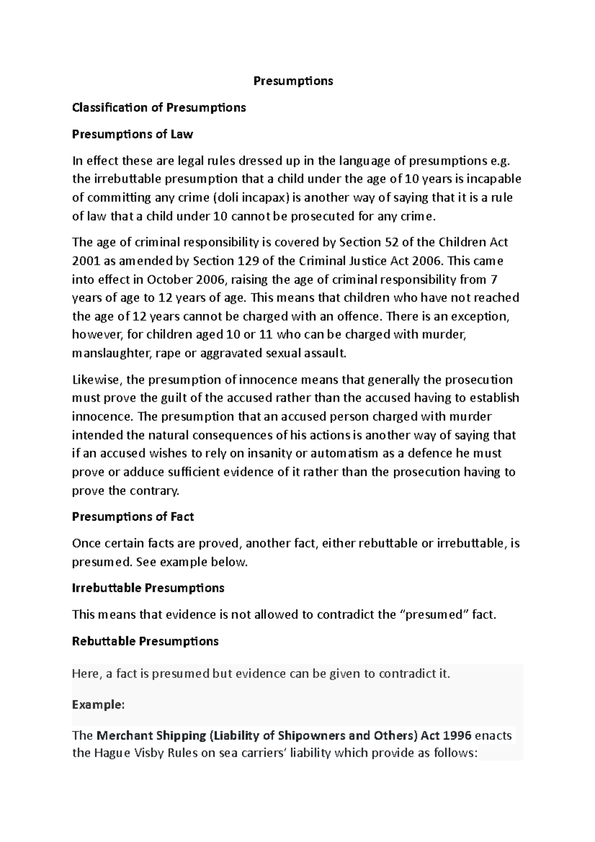 Presumptions in legal cases - Presumptions Classification of ...