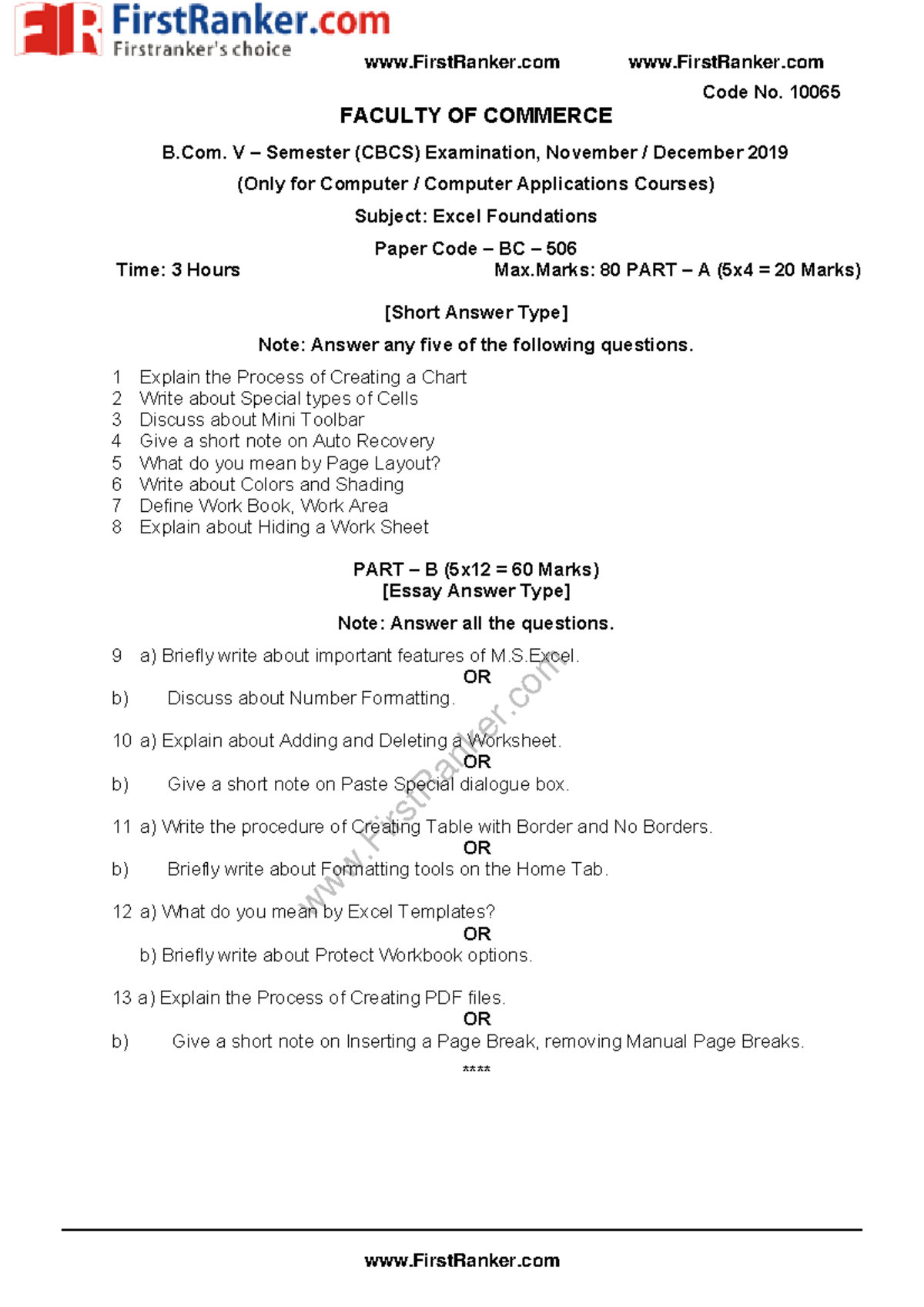 Excel Foundation Question Paper - FirstRanker Code No. 10065 FACULTY OF ...