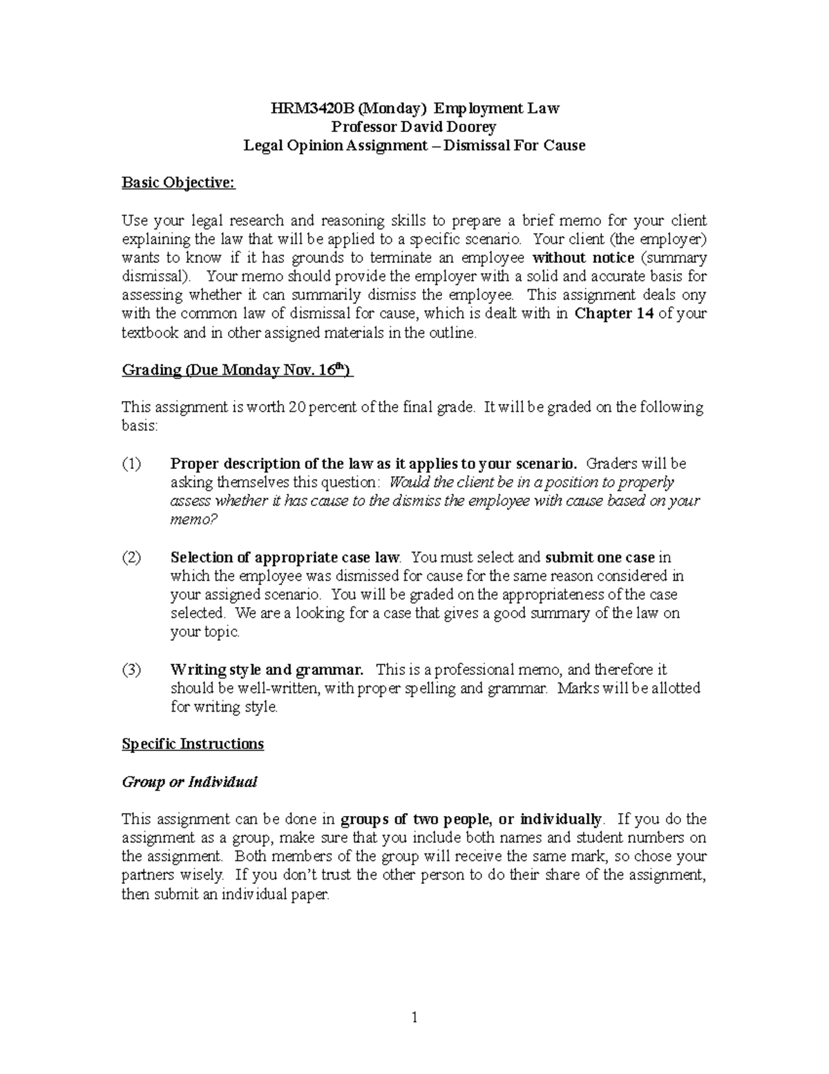 Legal Opinion Assignment Sec B - HRM3420B (Monday) Employment Law ...