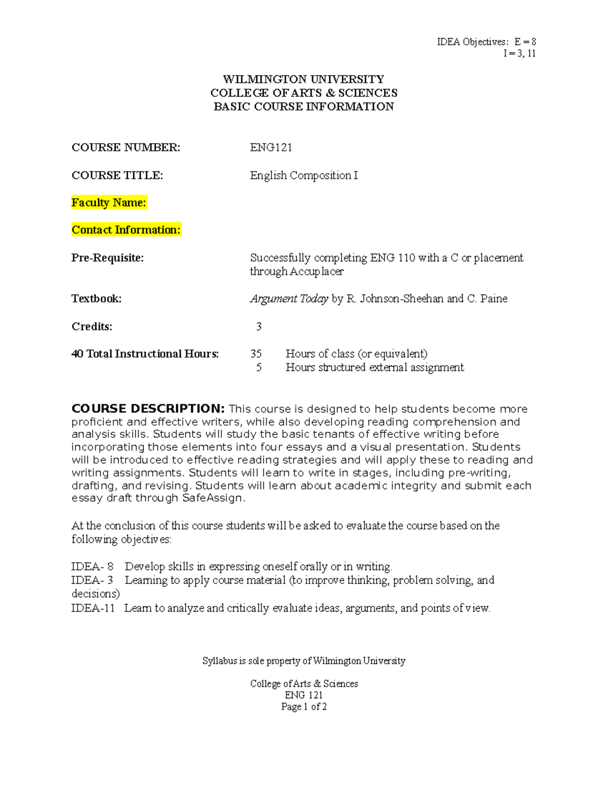 ENG 121 Online Syllabus - I = 3, 11 WILMINGTON UNIVERSITY COLLEGE OF ...