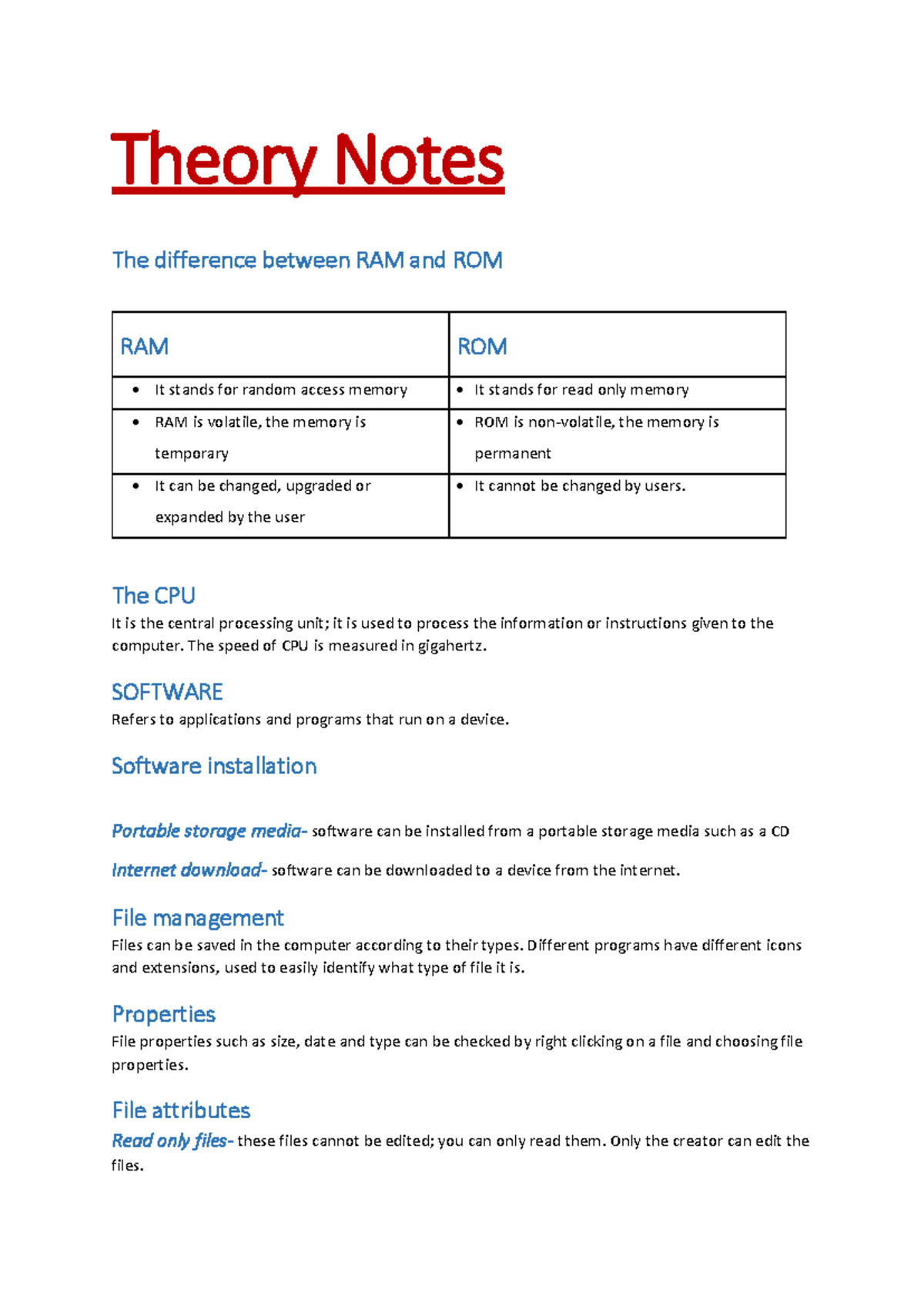 Theory Notes - Theory Notes The difference between RAM and ROM RAM ROM ...