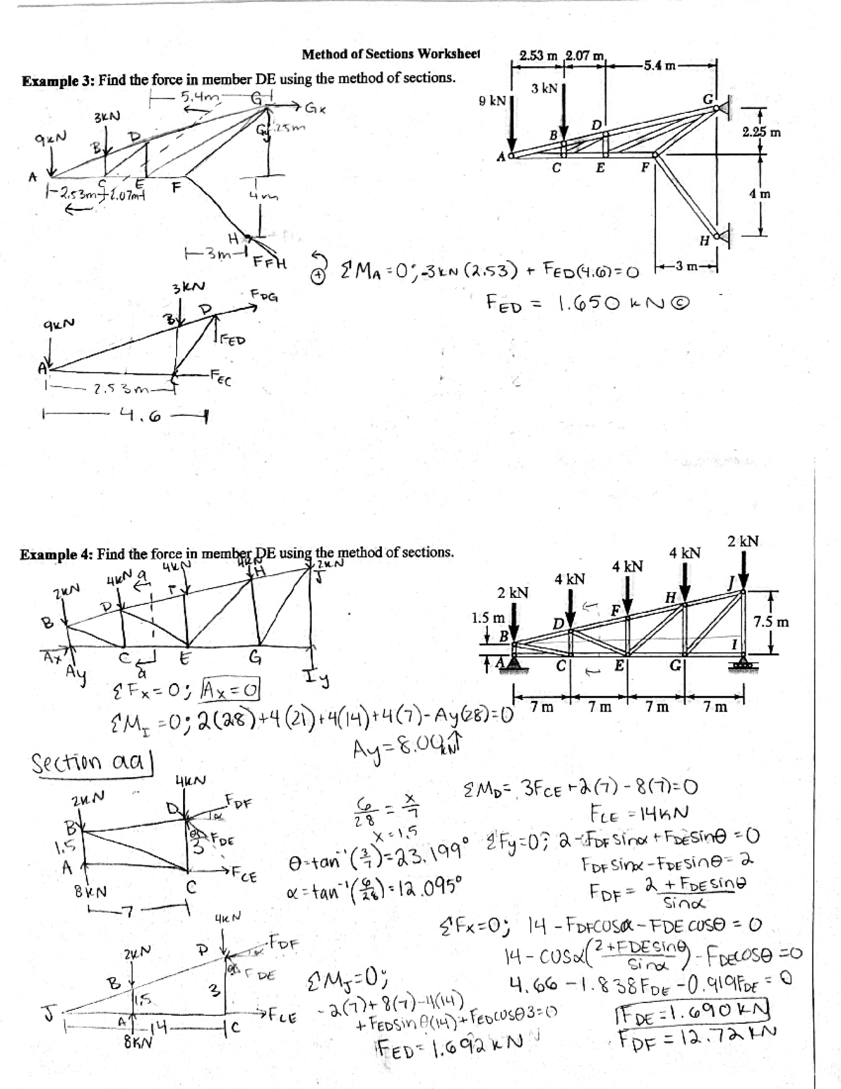 Method of Sections Worksheet - 3 kN 5 G Gx 9 kN G 3KN Gf 25m D 9KN D B ...
