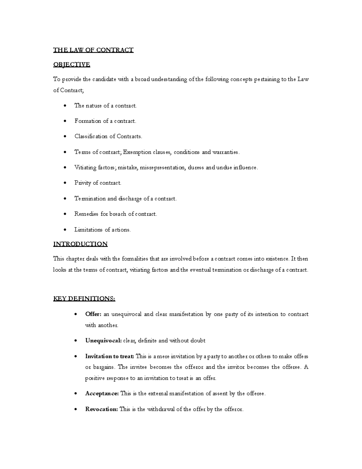 THE LAW OF Contract Notes - THE LAW OF CONTRACT OBJECTIVE To provide ...