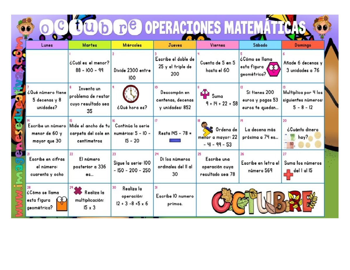 Calendario OCT. Operaciones Matematicas - OPERACIONES MATEMATICAS Lunes ...