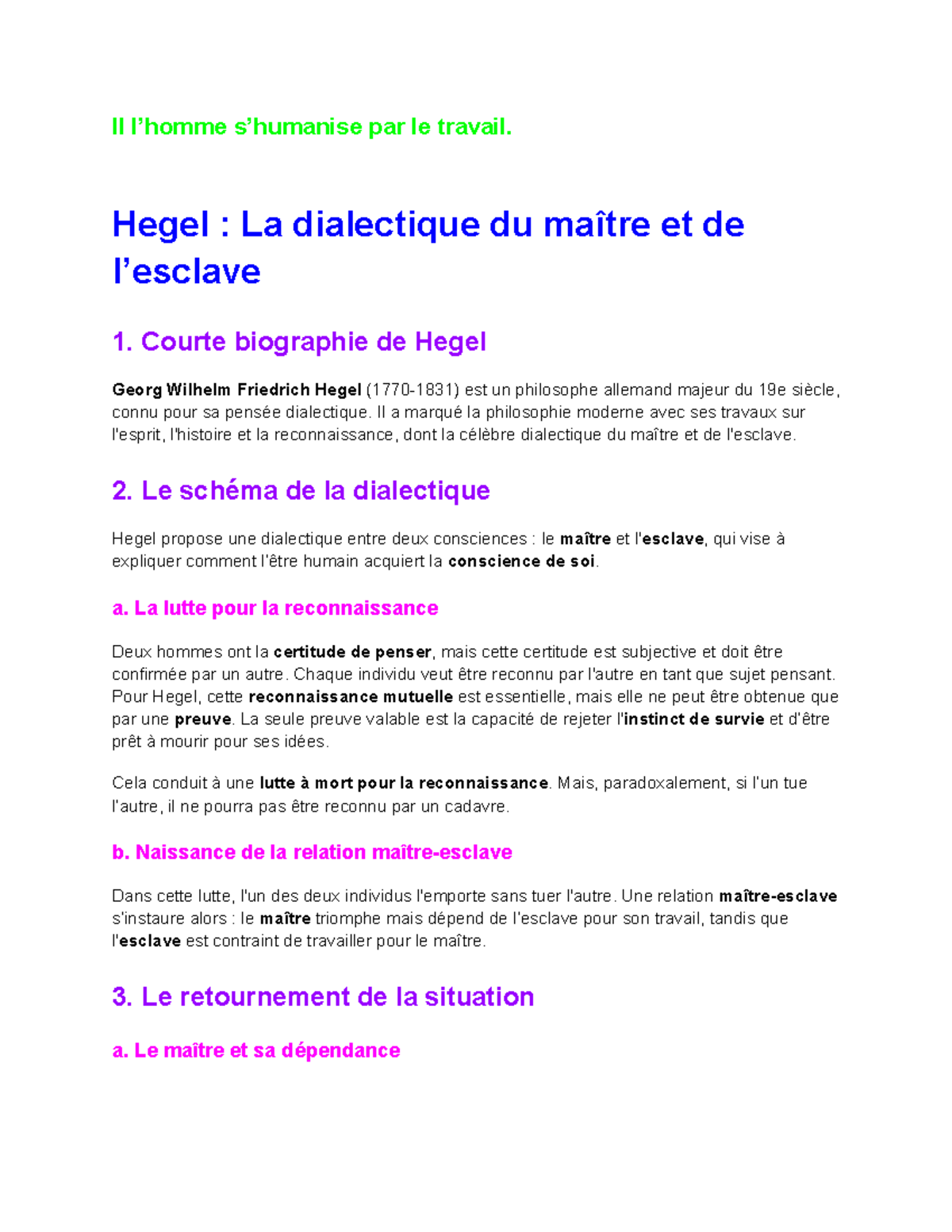 II l’homme s’humanise par le travail - Hegel : La dialectique du maître et de l’esclave 1 ...