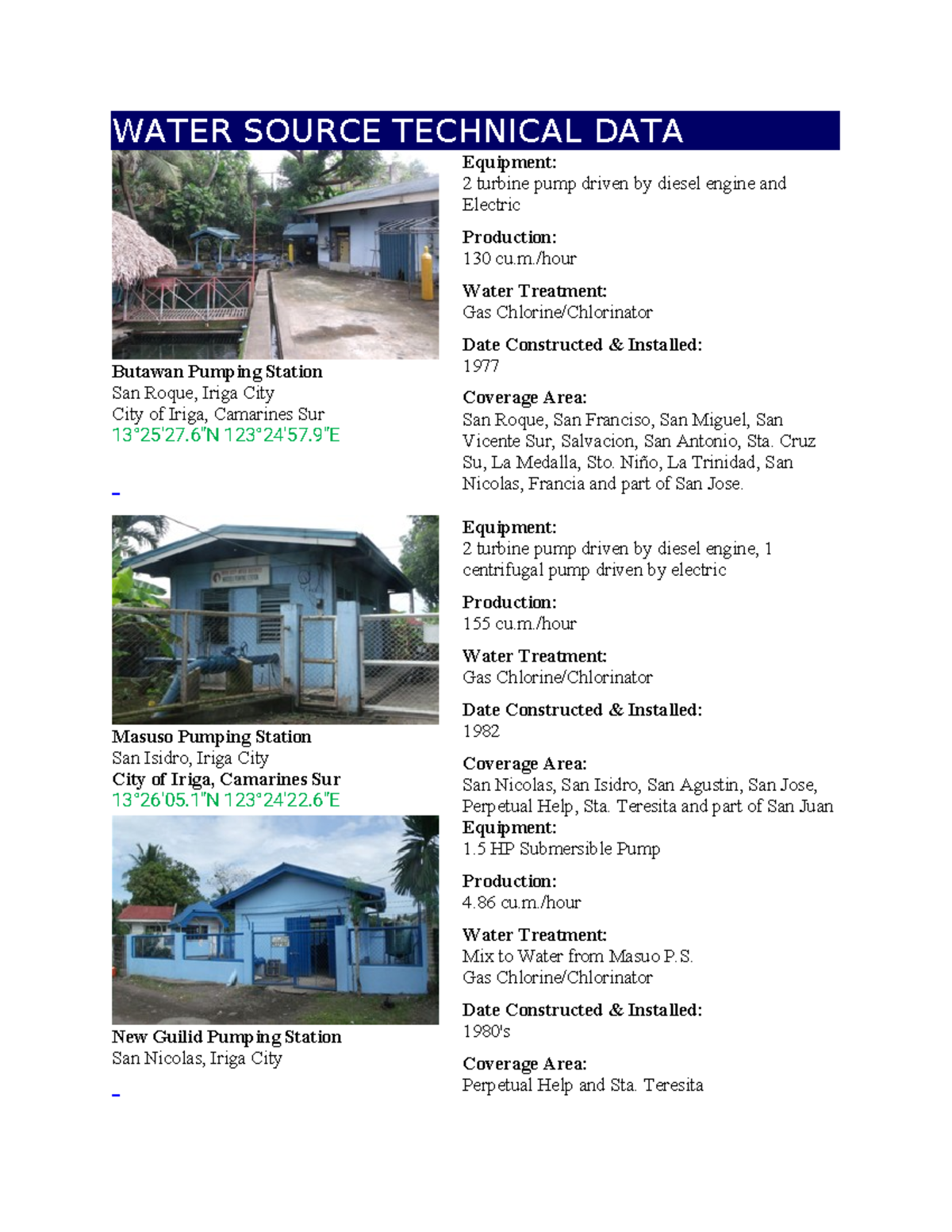 Water- Source- Technical-DATA - WATER SOURCE TECHNICAL DATA Butawan Pumping Station San Roque ...