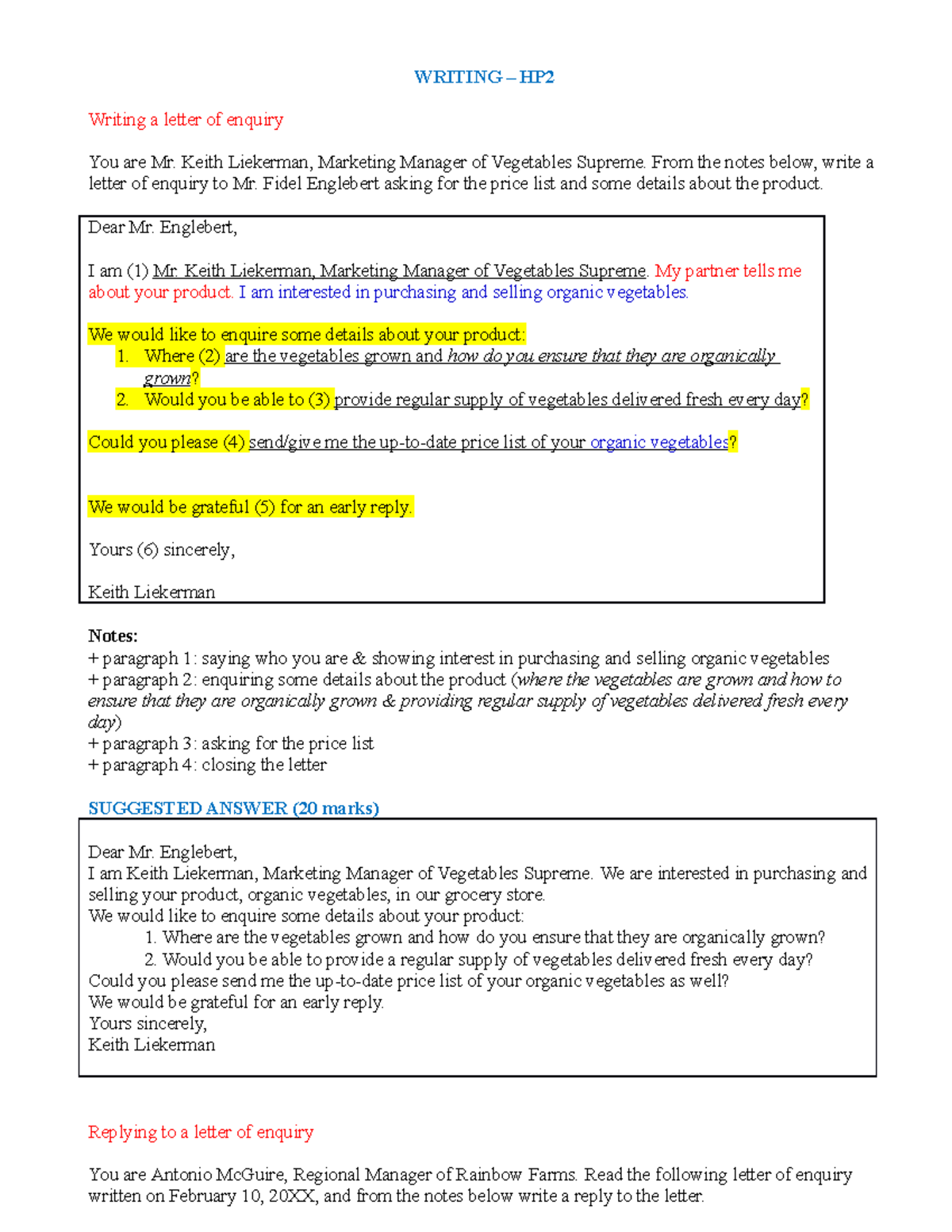 Writing HP2 Goi SV - WRITING – HP Writing a letter of enquiry You are ...